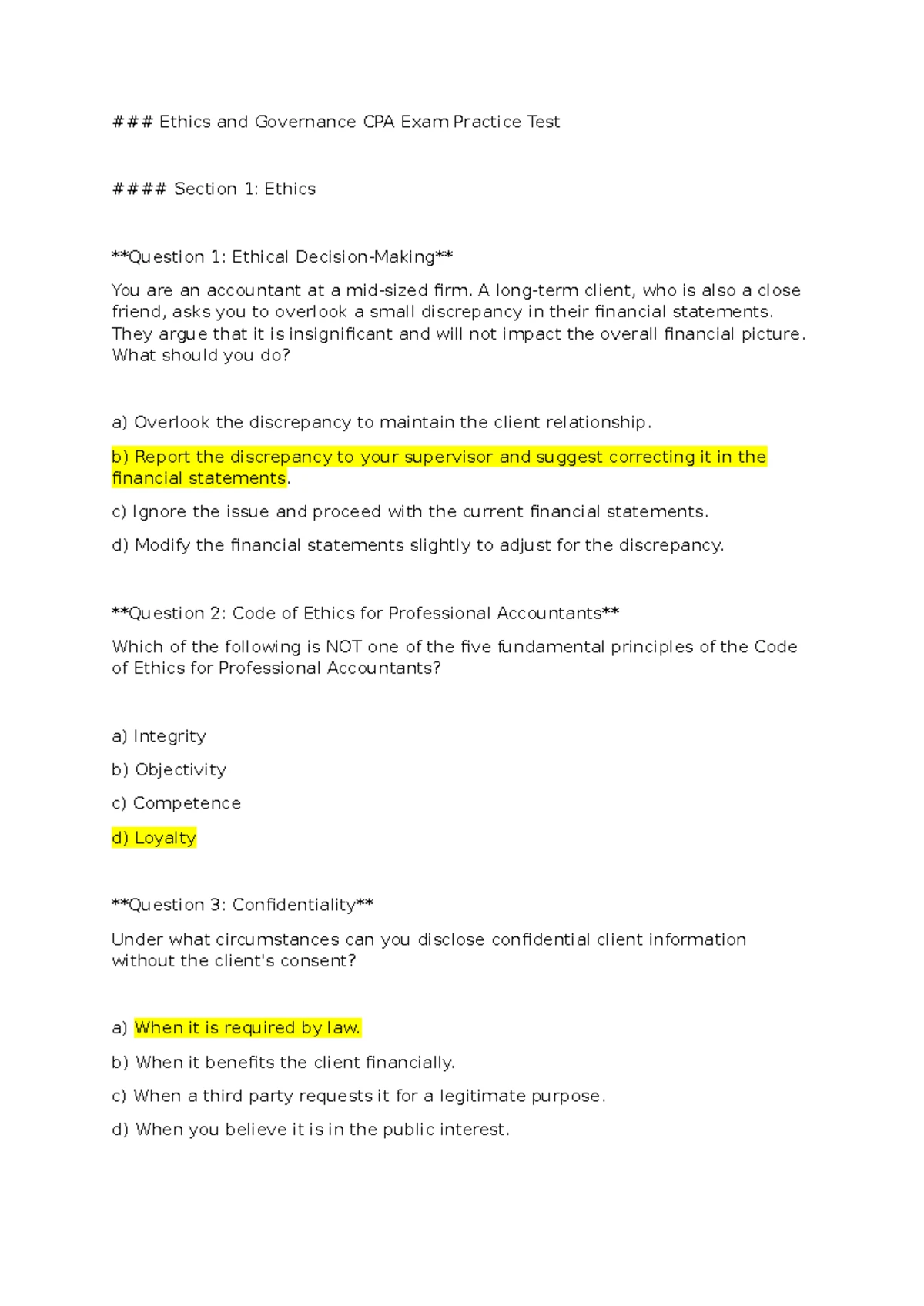 Ethics & Governance CPA - Practice Exam Questions and Answers - Studocu