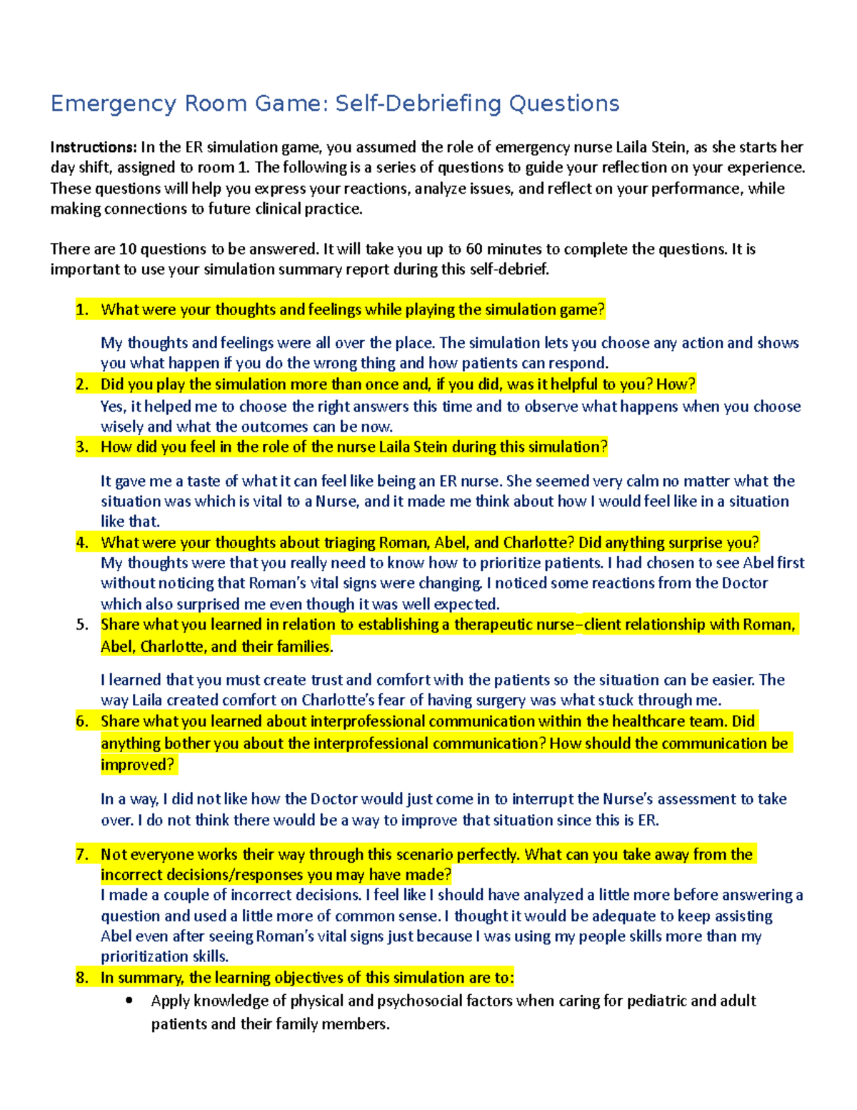 ER Simulation Game Self-Debrief: Reflections & Learning Insights - Studocu