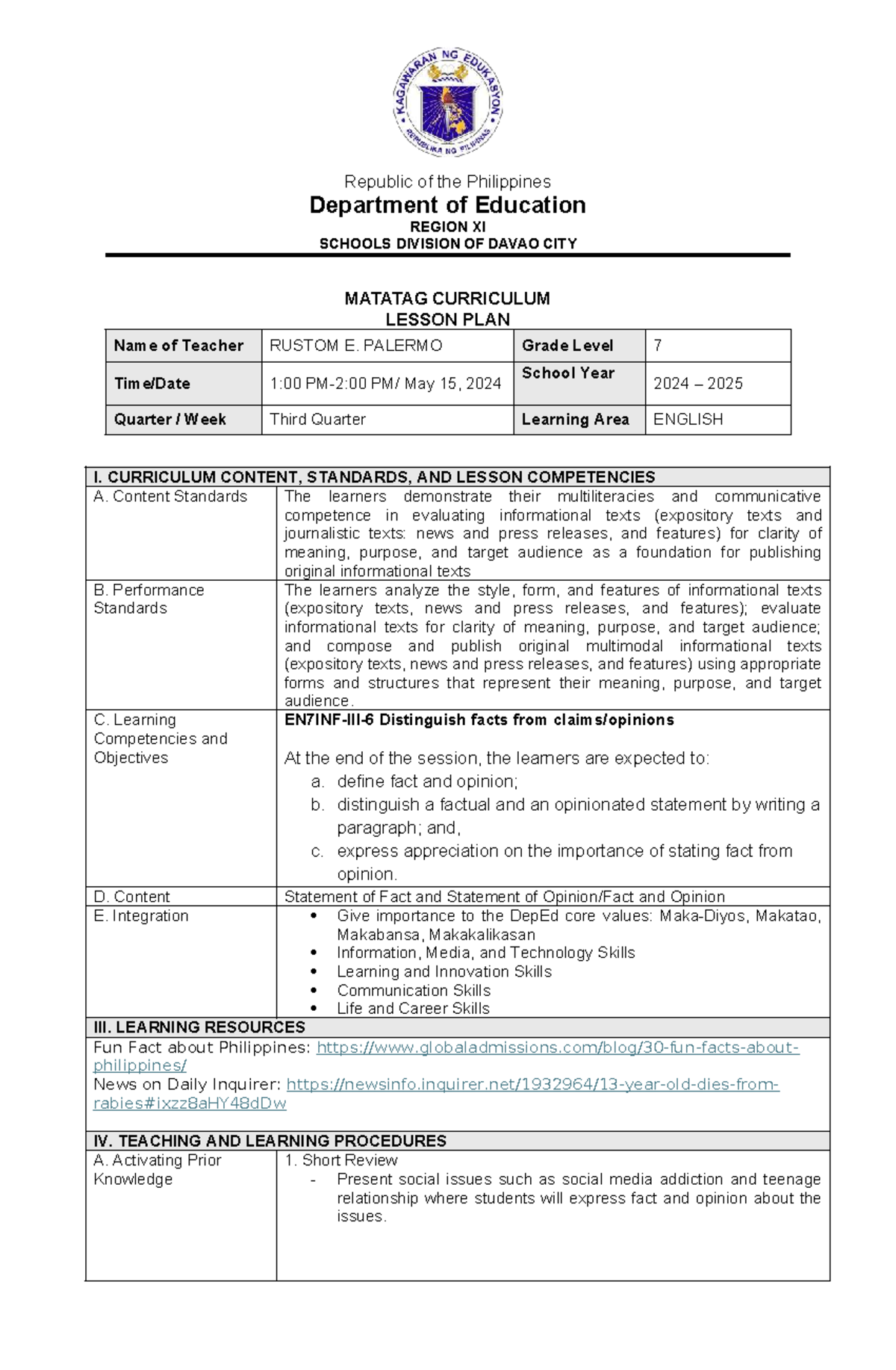 Final Lesson Plan on Distinguishing Fact and Opinion EN7INF-III-6 - Studocu