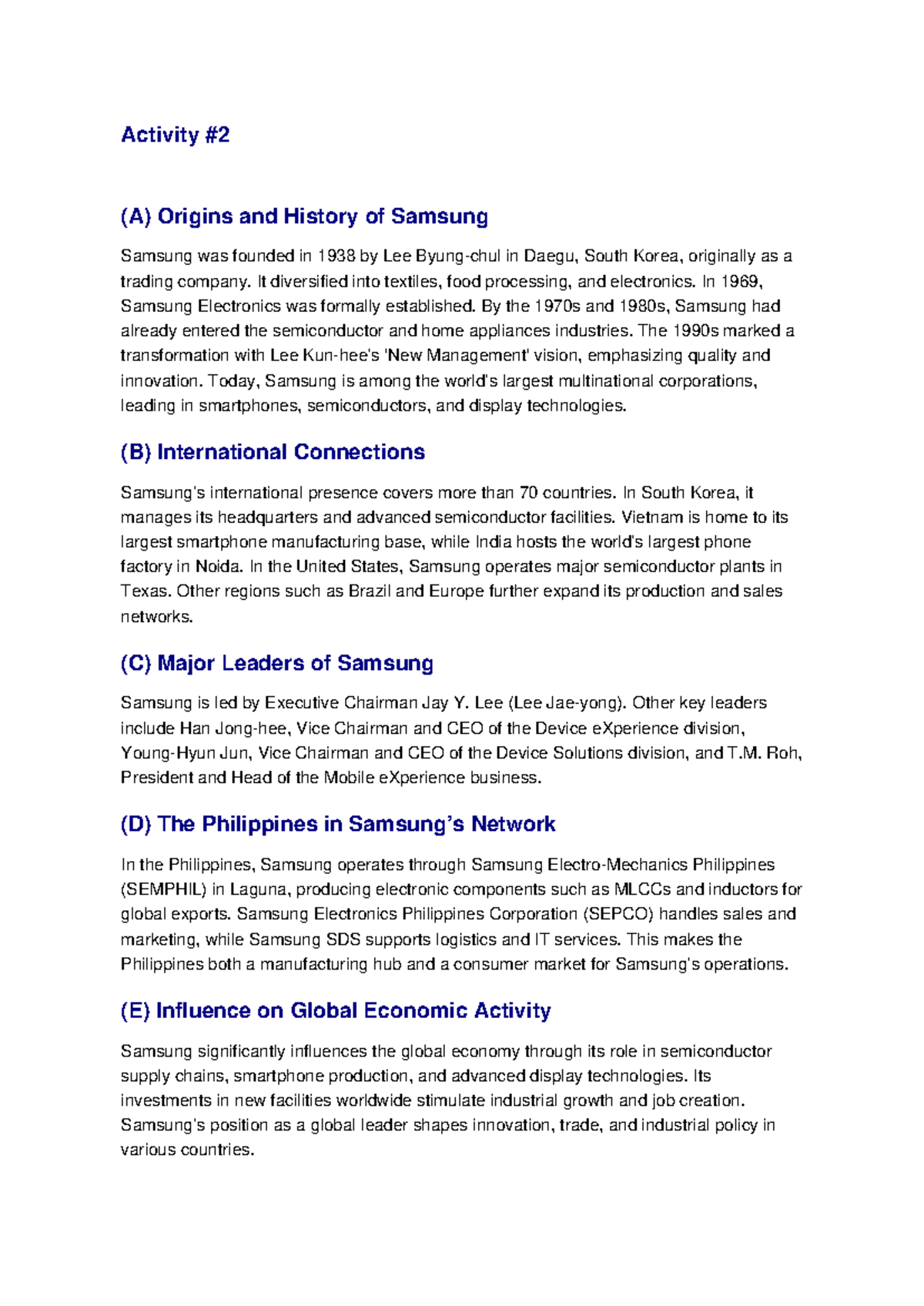 Samsung International Company Activity: Origins, Leaders, and Global ...