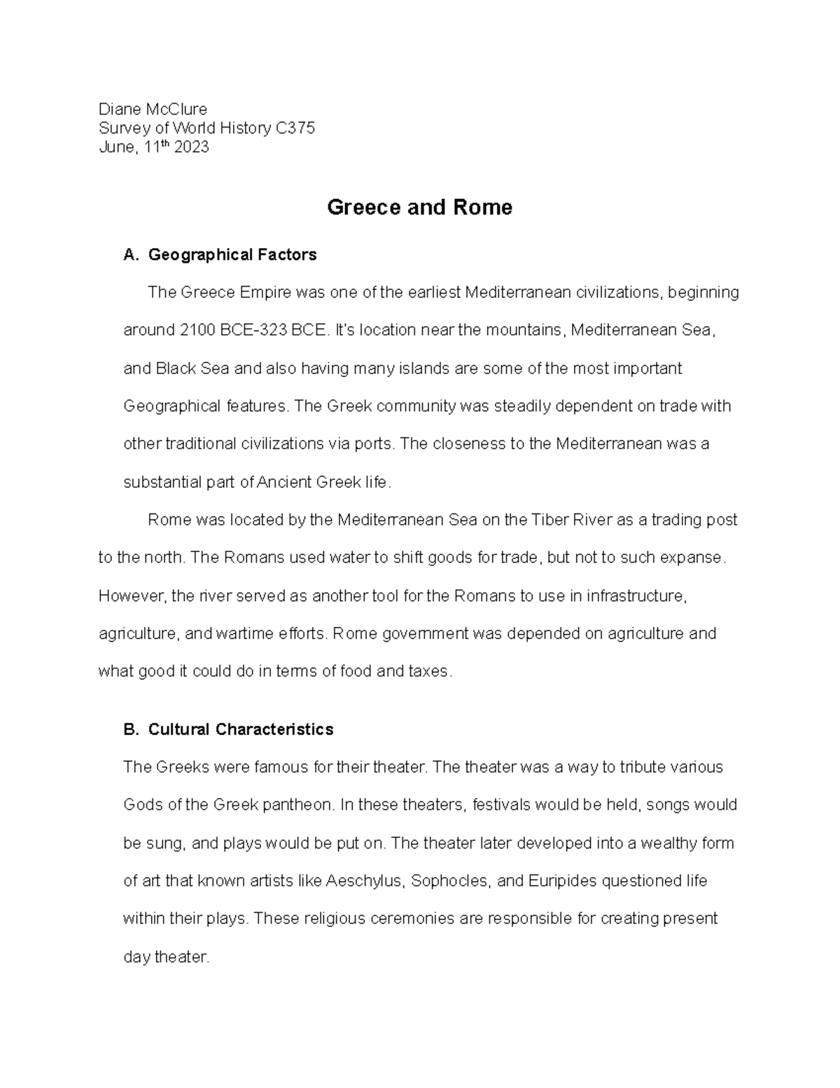 Greece and Rome - Diane McClure Survey of World History C June, 11th ...