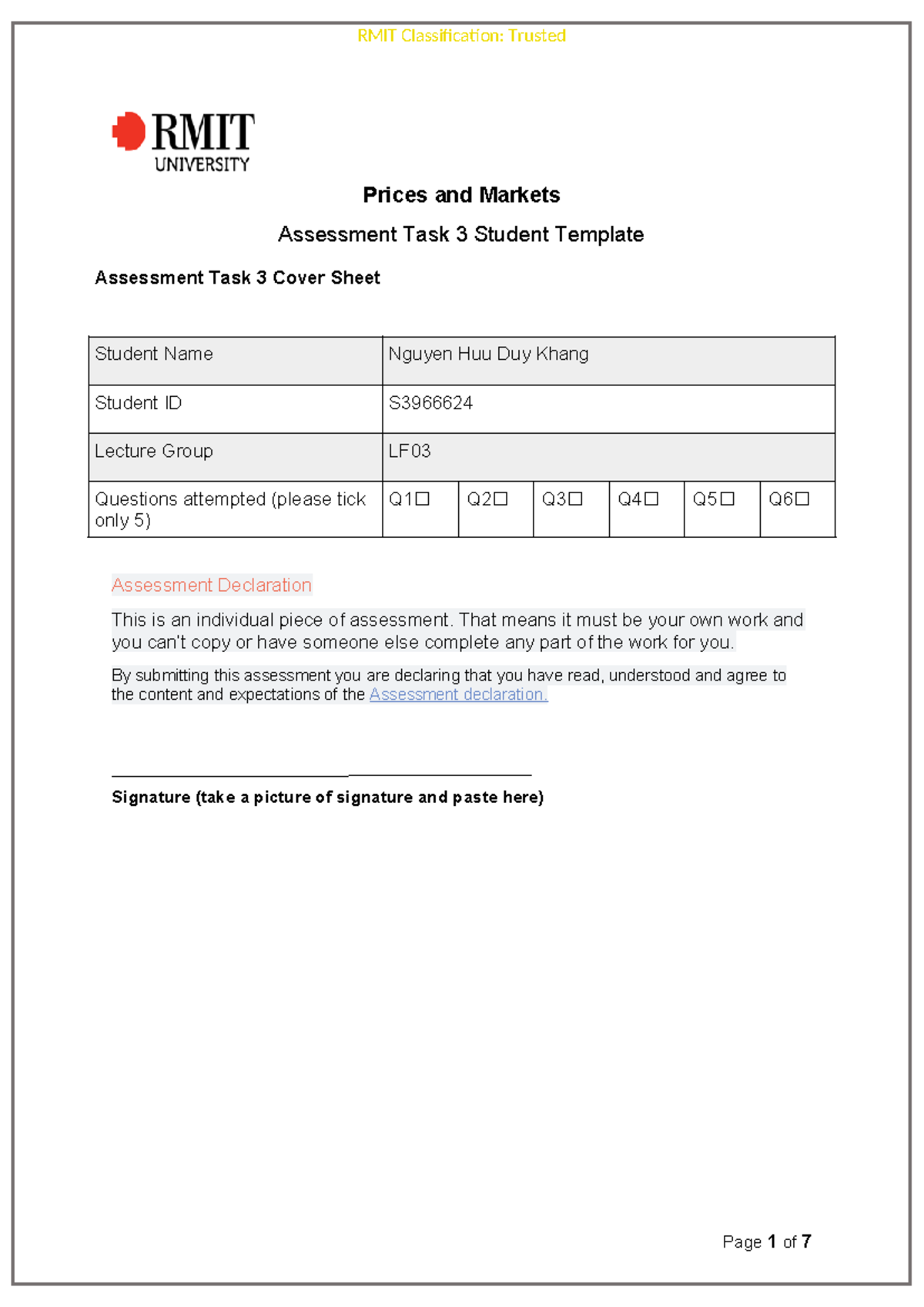 Assessment Task 3 Template - Prices and Markets Assessment Task 3 Student Template Assessment ...
