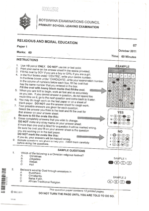PSLE RME 2012 - RME 2012 Past Paper - BOTSWANA EXAMINATIONS COUNCIL ...