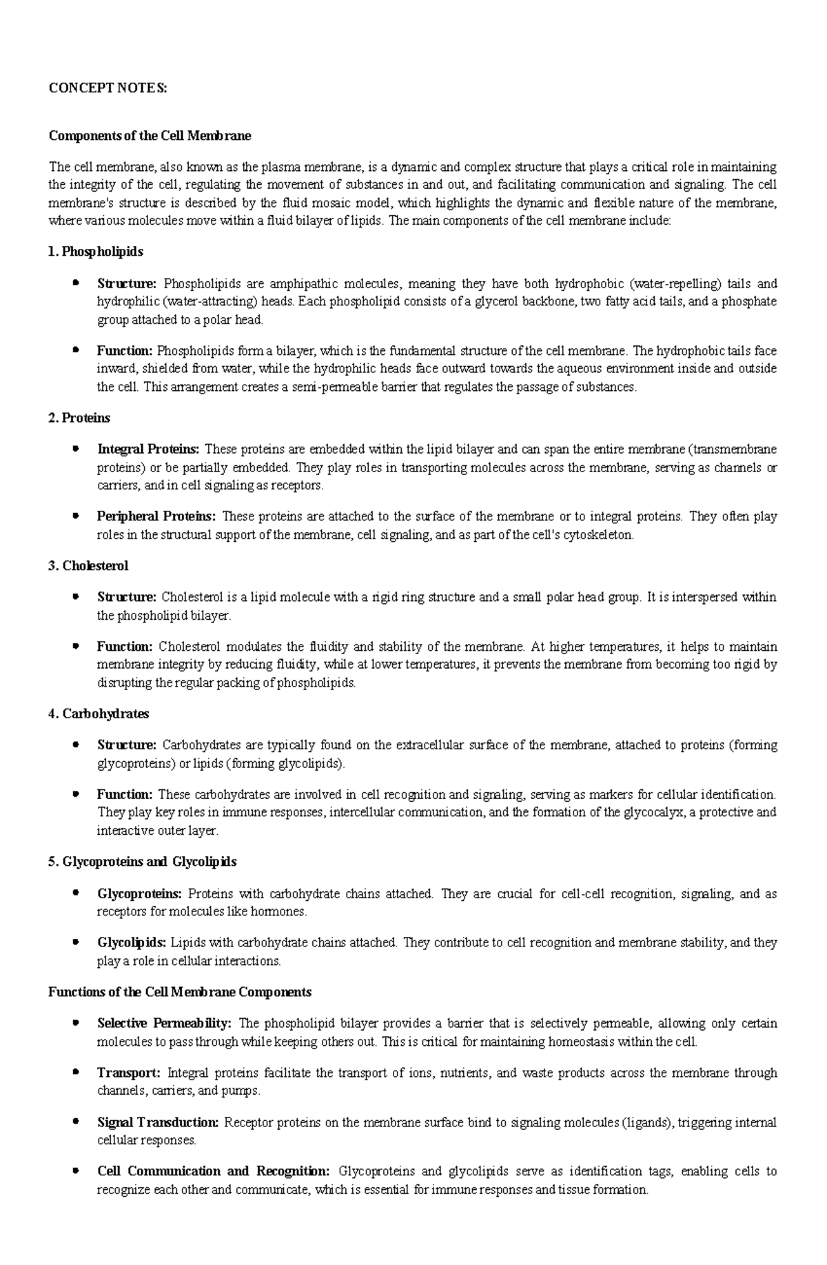 Cell Membrane Components and Cell Transport - CONCEPT NOTES: Components ...