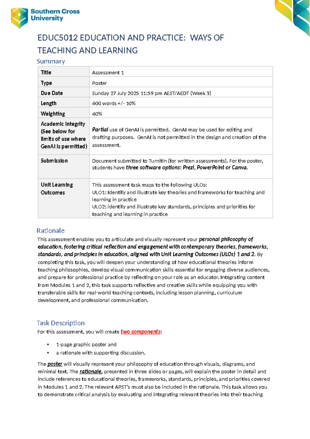EDUC5012 Assessment 1: Poster on Teaching Philosophy and Learning - Studocu