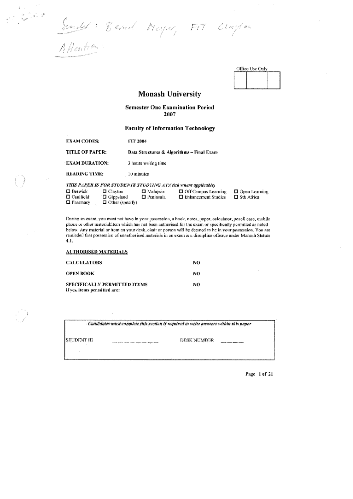FIT 2004 Data Structures & Algorithms Final Exam Solutions 2007 S1 ...