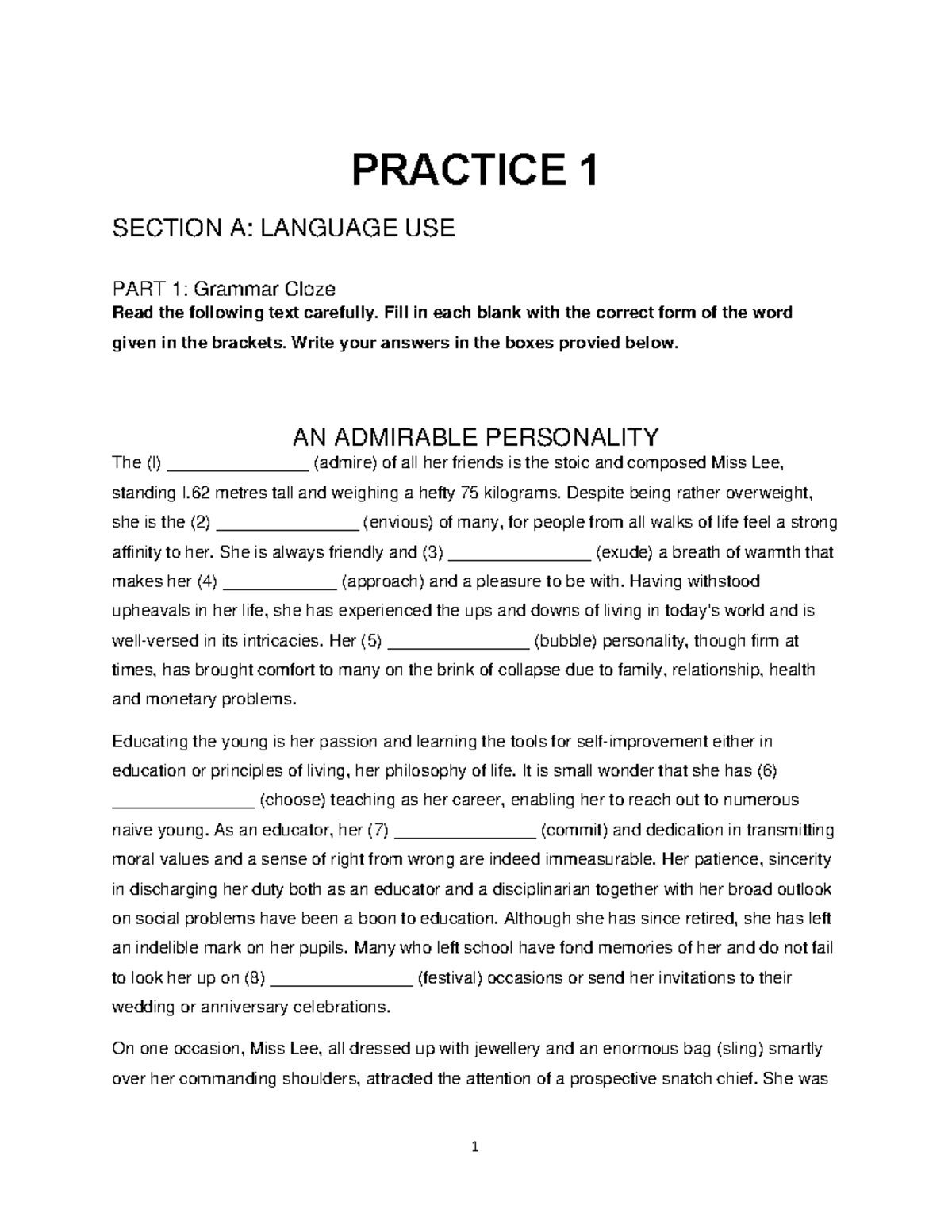 Test 1 - English - Grammar & Comprehension Practice for High School ...