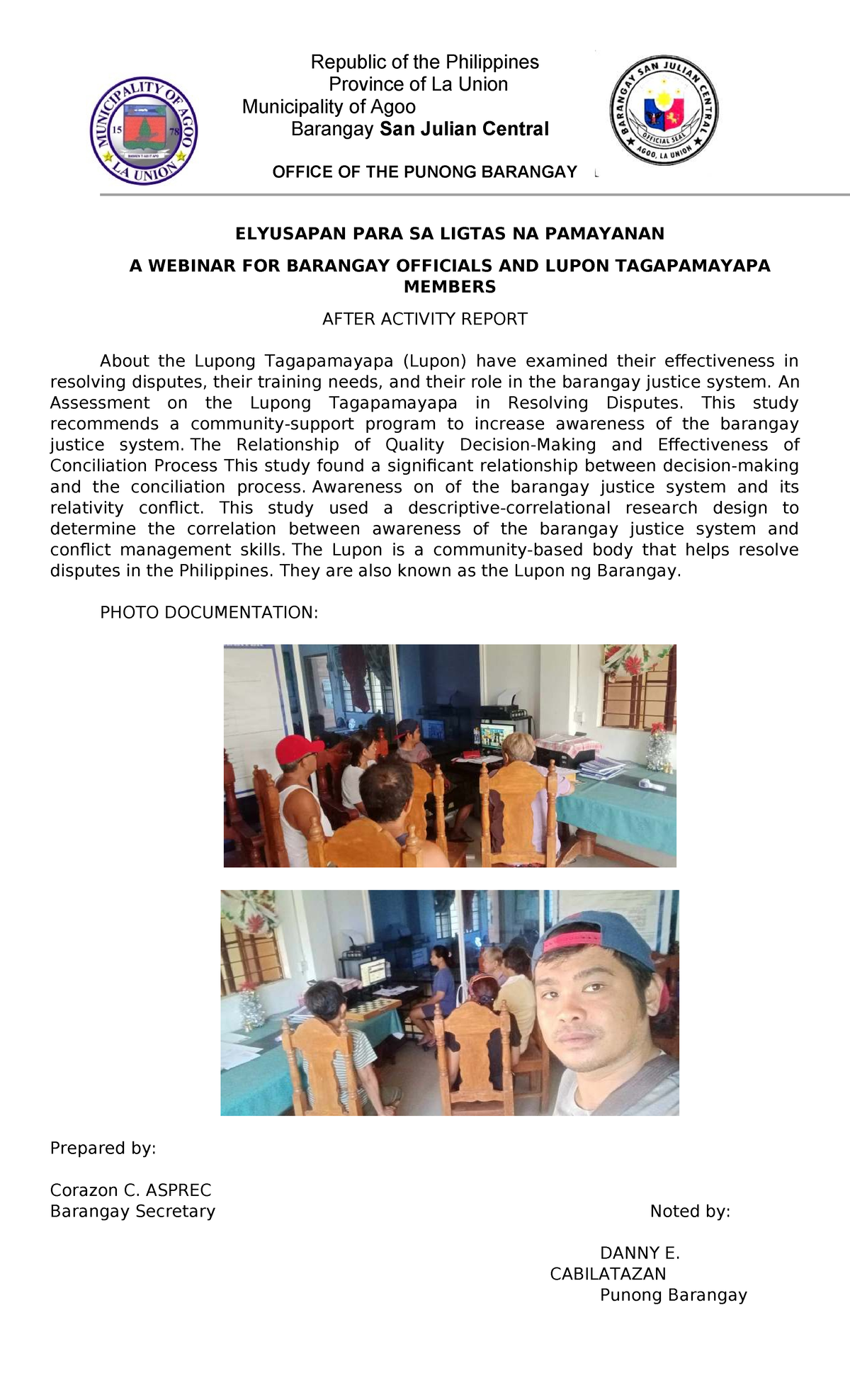 Assessment Report on Lupong Tagapamayapa Effectiveness and Awareness ...