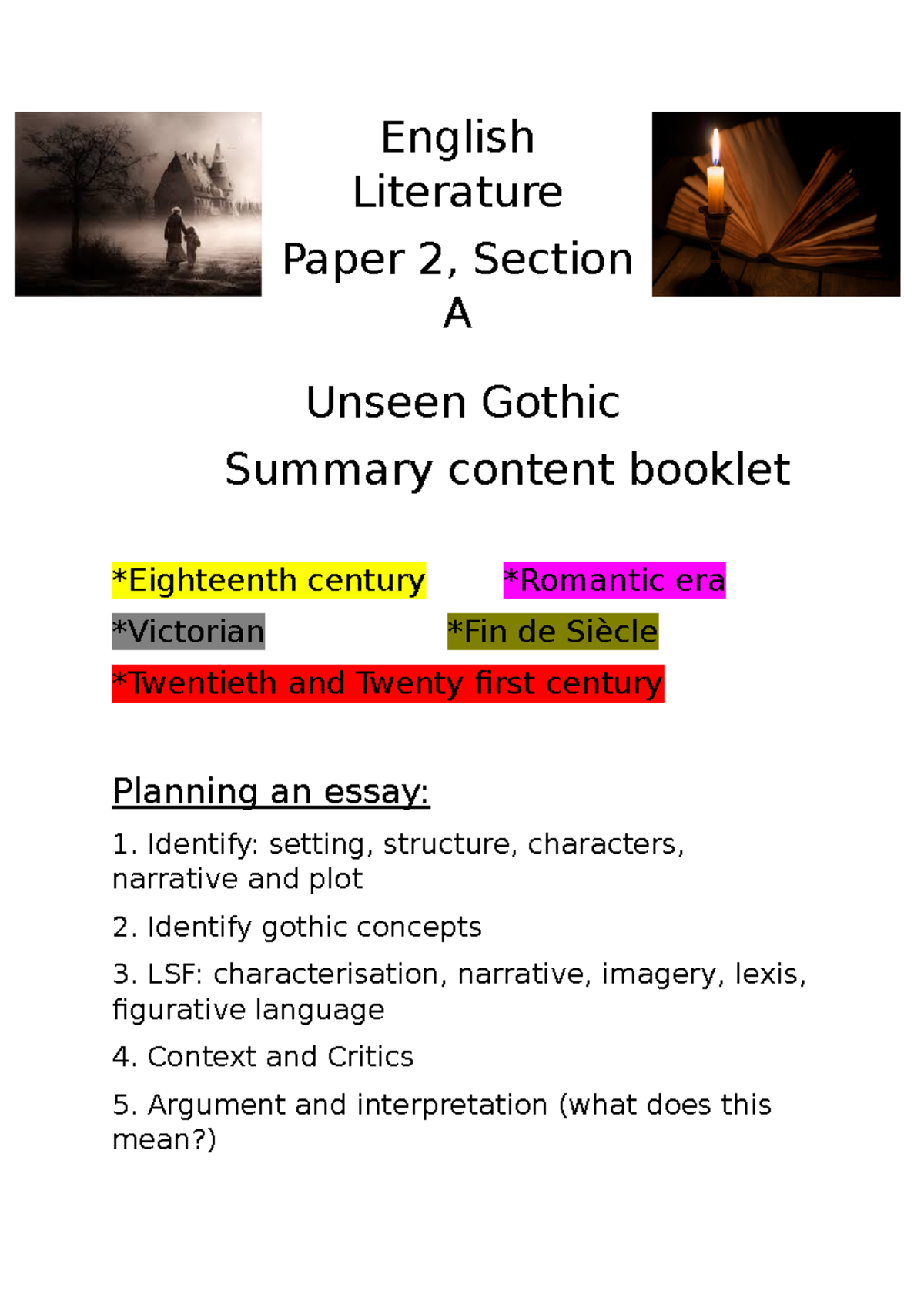 Unseen gothic booklet - English Literature Paper 2, Section A Unseen ...