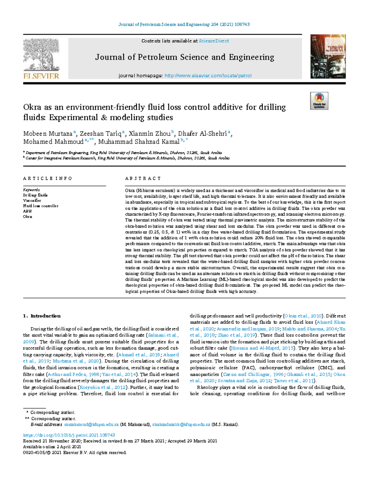 Okra as a Fluid Loss Control Additive in Drilling Fluids: Experimental ...