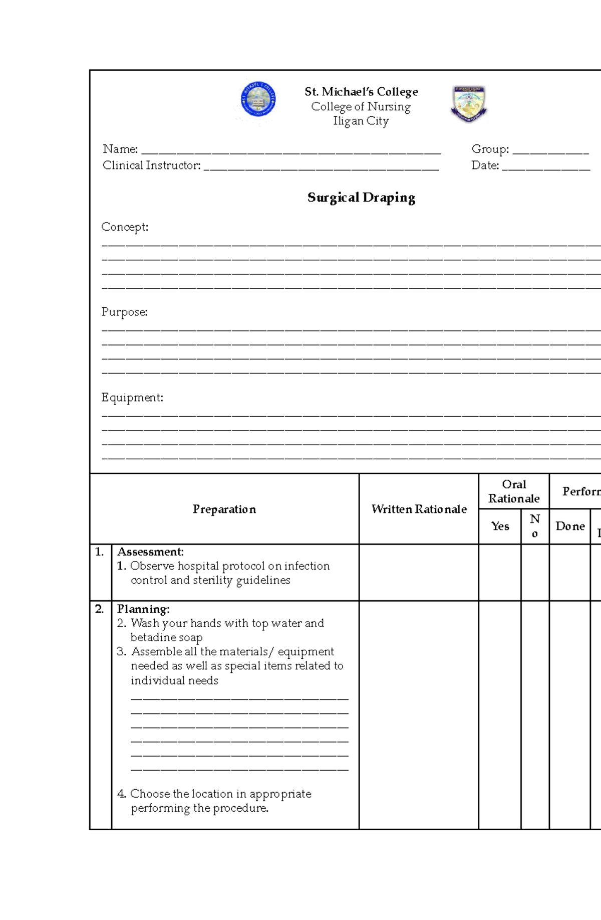 Surgical Draping Checklist for Nursing Practice (NUR 101) - Studocu