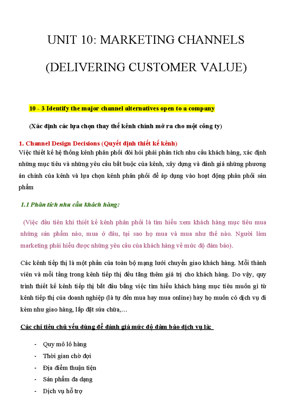 UNIT 10: Marketing Channels and Customer Value Delivery Strategies ...