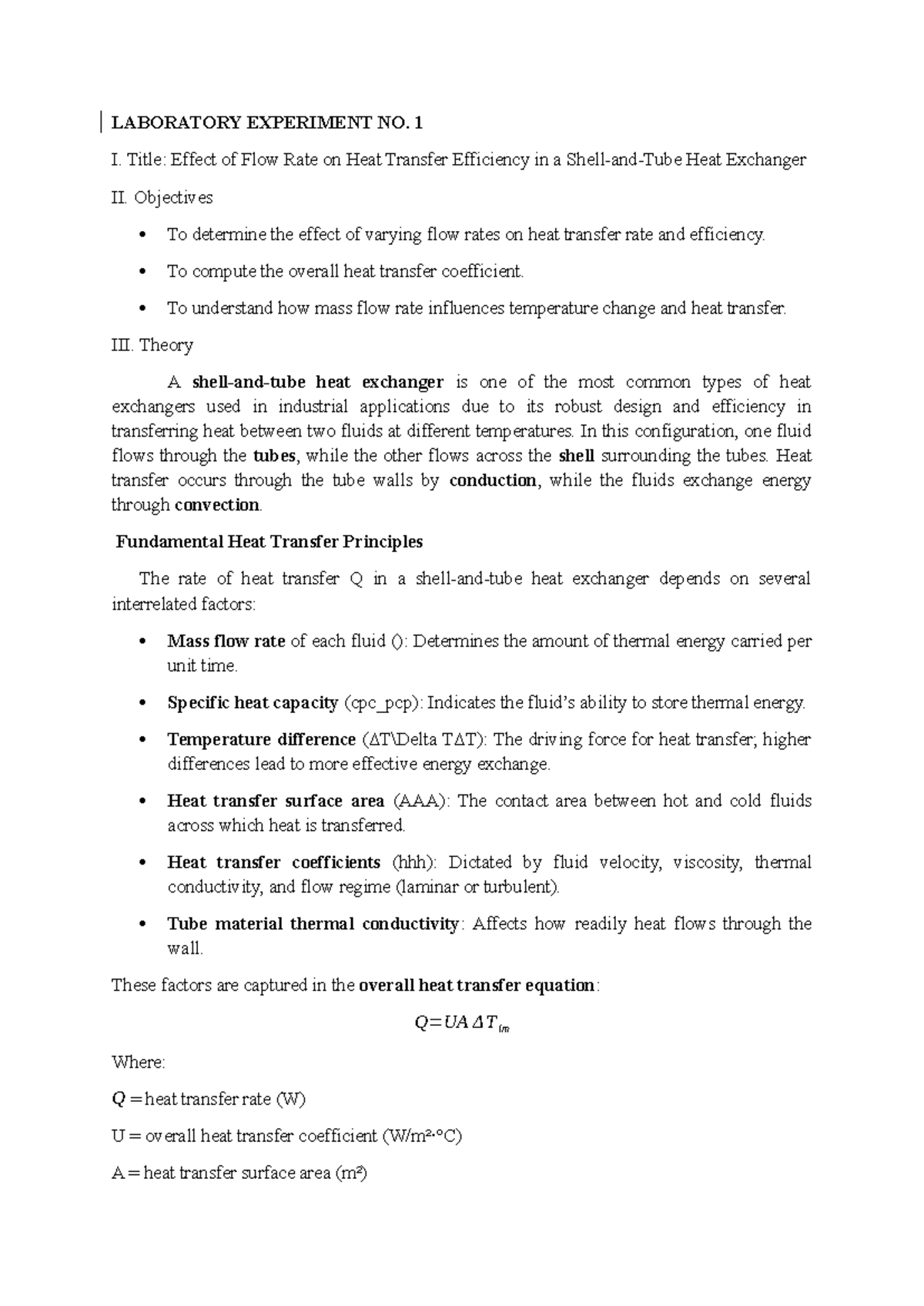 LABORATORY EXPERIMENT NO. 1: Flow Rate Impact on Heat Transfer Efficiency - Studocu