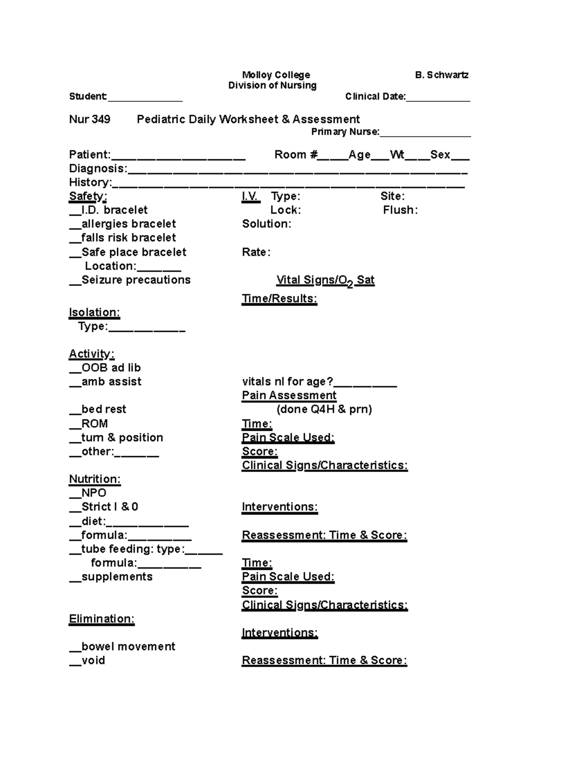 NUR 349 Pediatric Clinical Daily Worksheet & Assessment Notes - Studocu