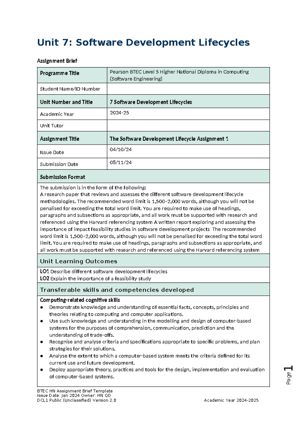 Unit 8 SDLC Assignment 1 24-25 - Page 1 Unit 7: Software Development Lifecycles Assignment Brief ...