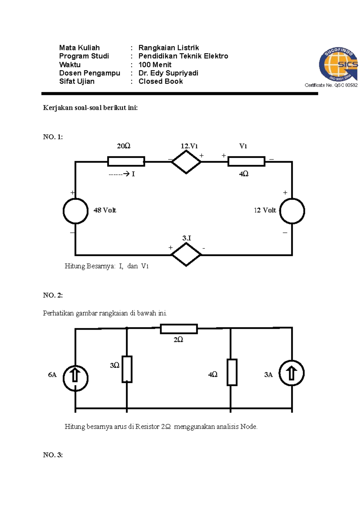 Latihan Soal UAS Rangkaian Listrik (PTE 2020) - Dr. Edy Supriyadi - Studocu