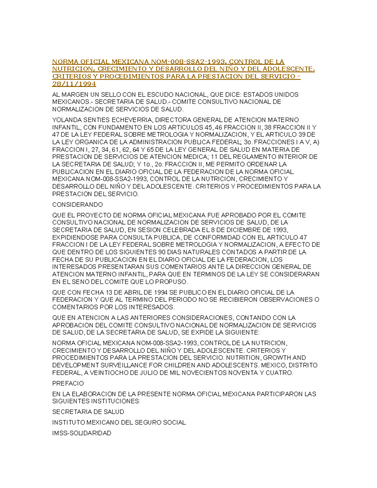 NOM-008-SSA2-1993: Norma Oficial sobre Nutrición y Desarrollo Infantil - Studocu