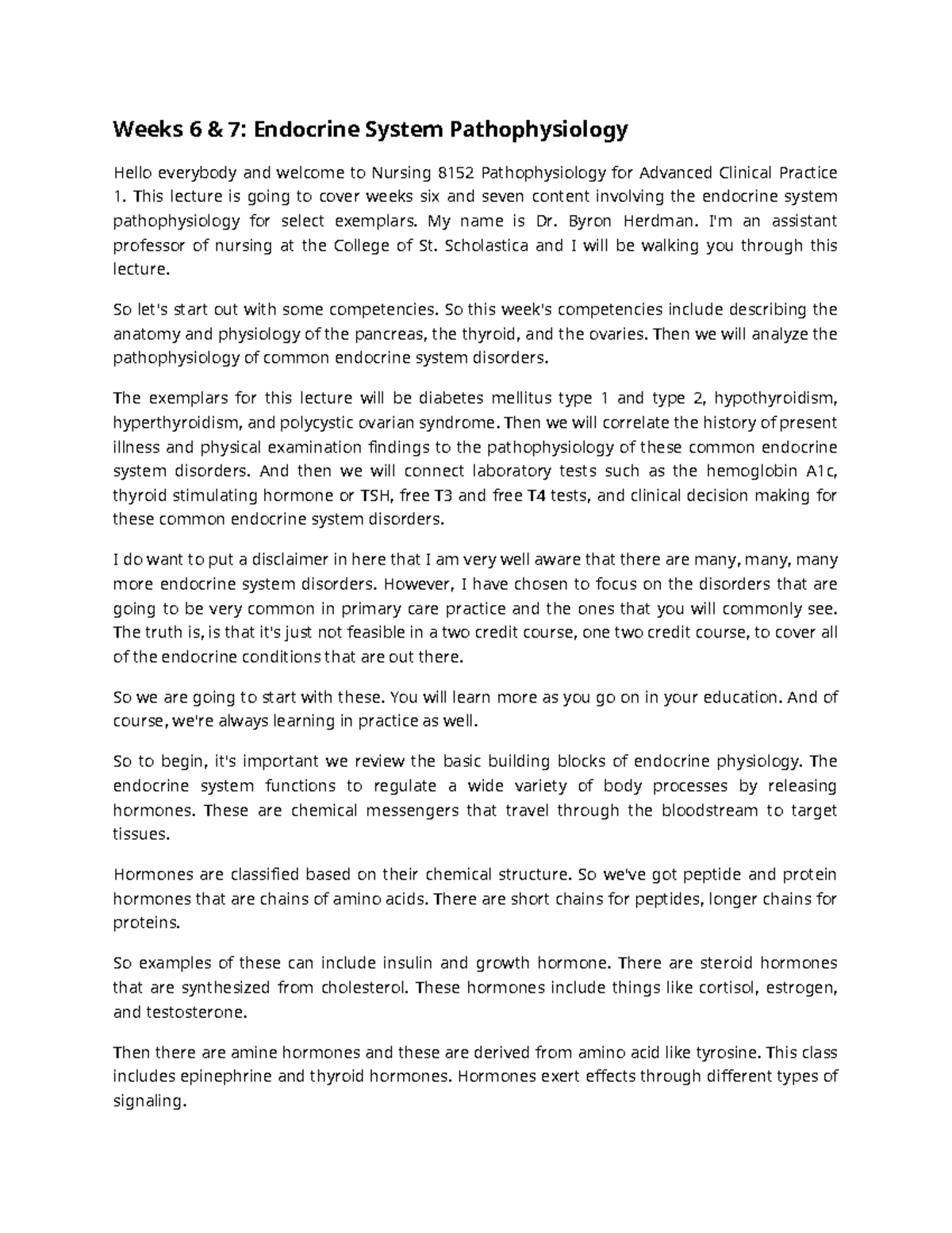 Nursing 8152: Endocrine System Pathophysiology (Weeks 6 & 7) Lecture ...