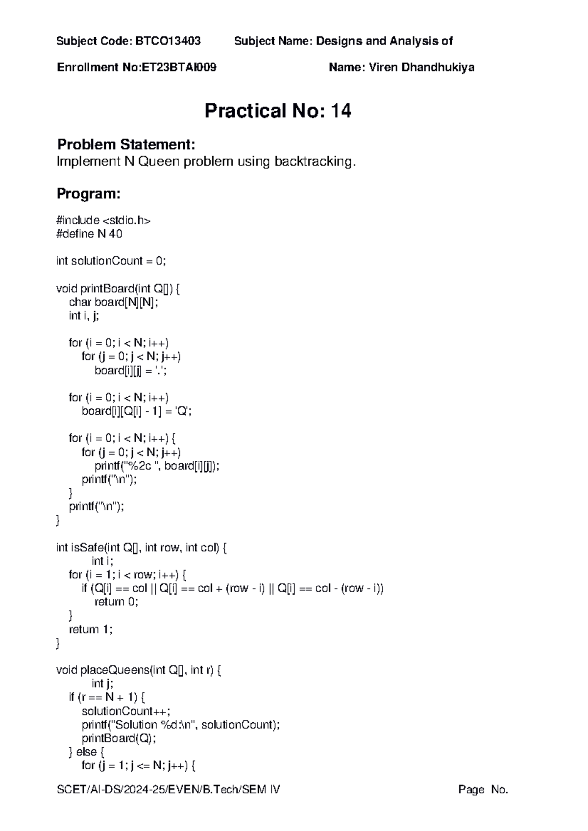 Practical 14: N Queen problem implementation in DAA (BTCO13403) - Studocu