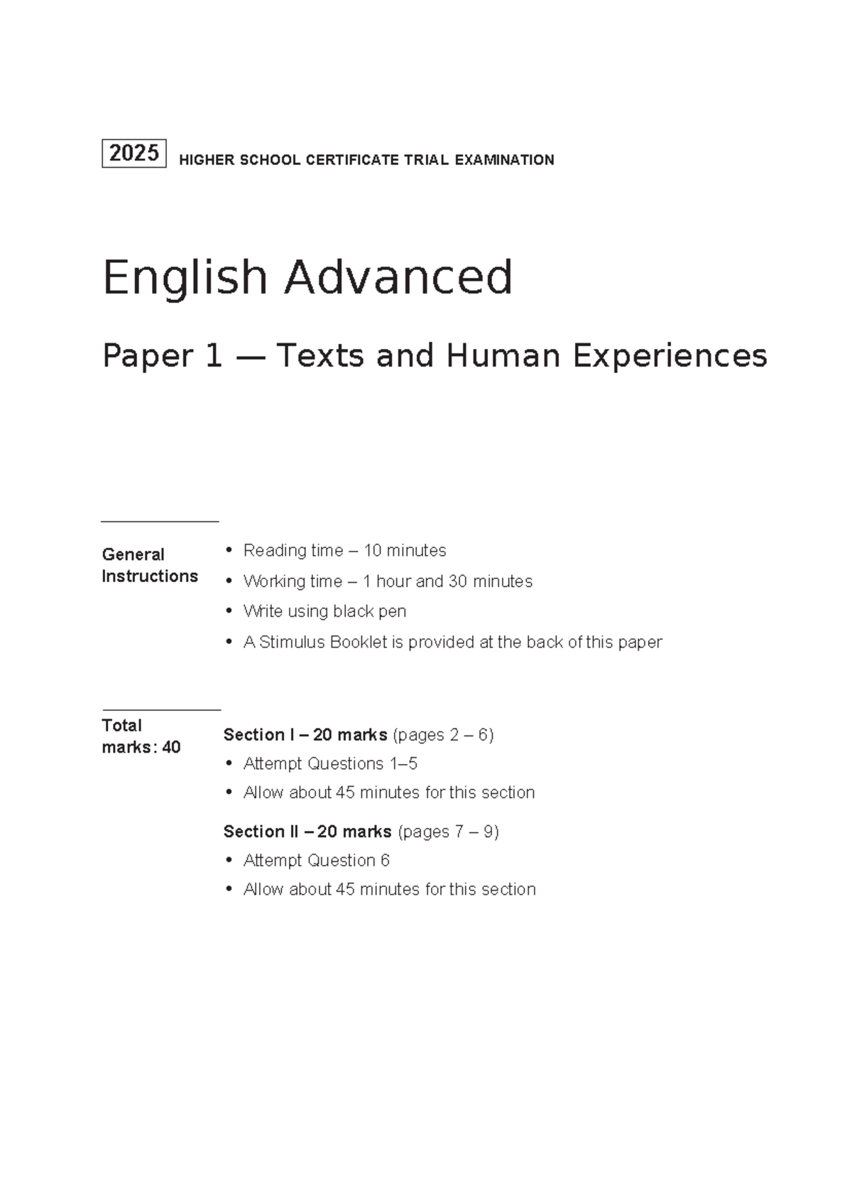 2025 HSC Trial Exam: English Adv Paper 1 - Texts & Human Experiences ...
