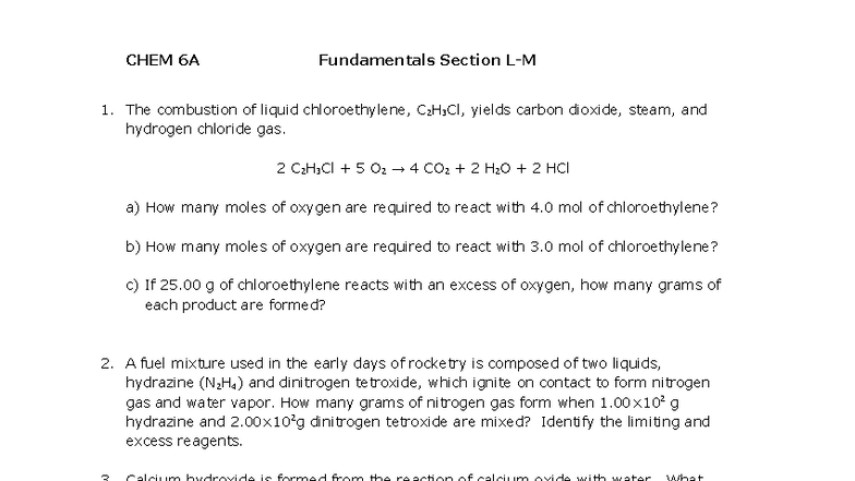 CHEM 6A Fundamentals Section 1: Combustion & Reaction Calculations - Studocu