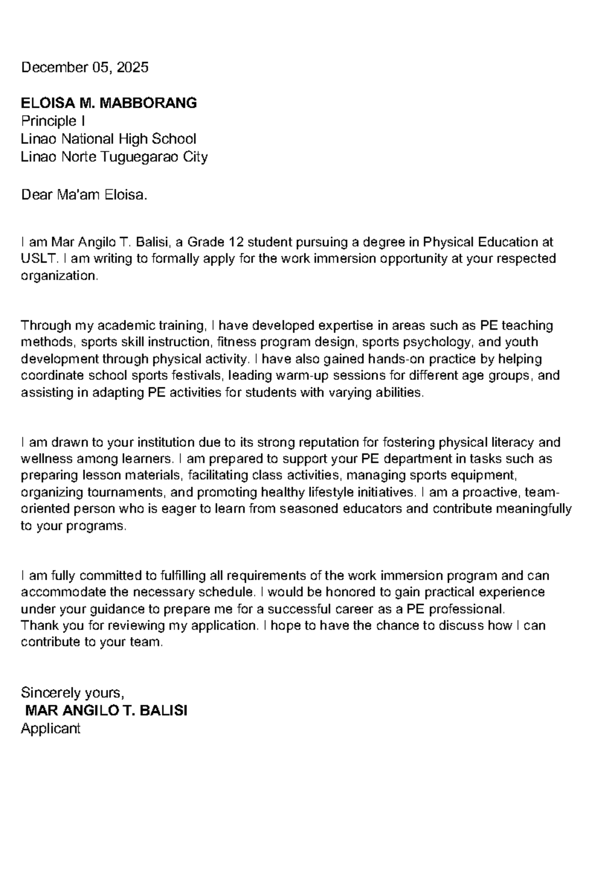 PE Work Immersion Application - Mar Angilo T. Balisi - Studocu