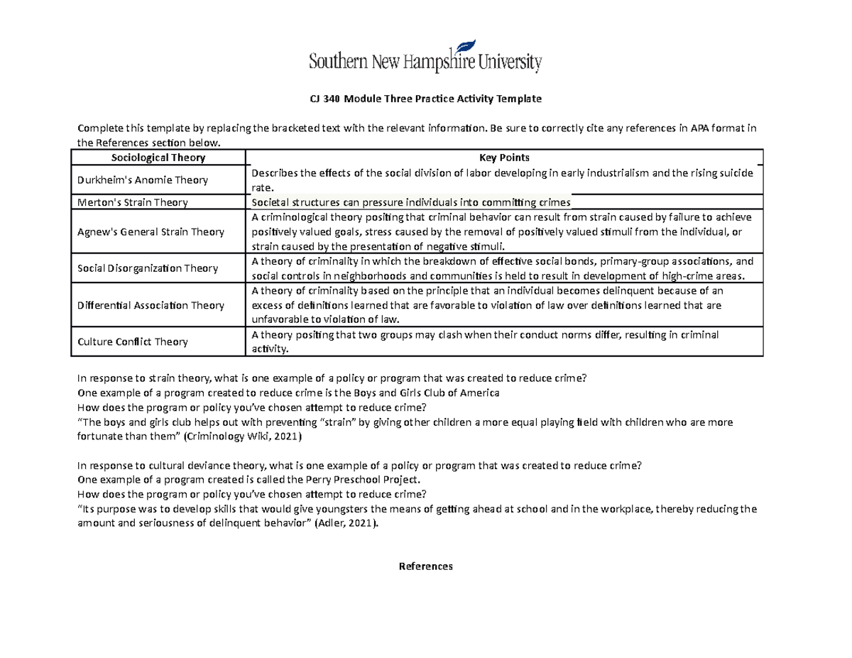 CJ 340 Module 3 Practice Activity on Sociological Theories - Studocu
