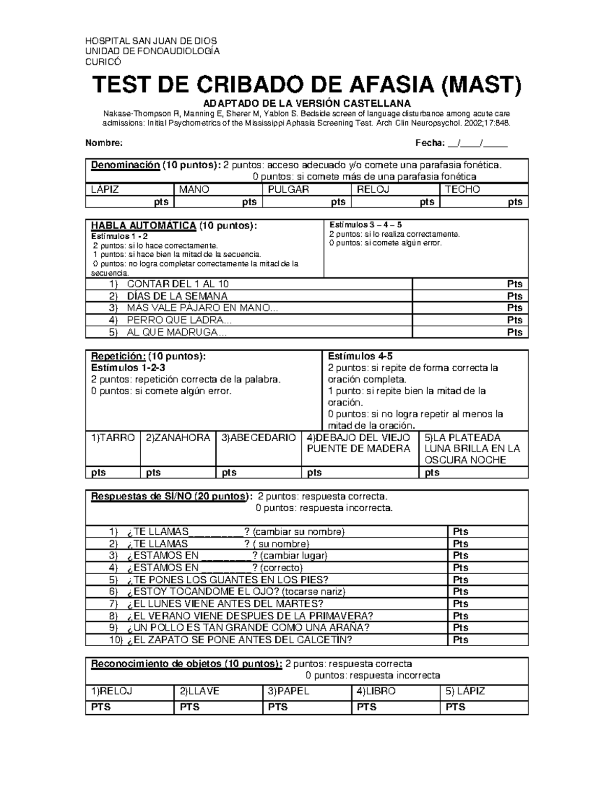 MAST Test de Cribado de Afasia - Unidad Fonoaudiología Curicó - Studocu