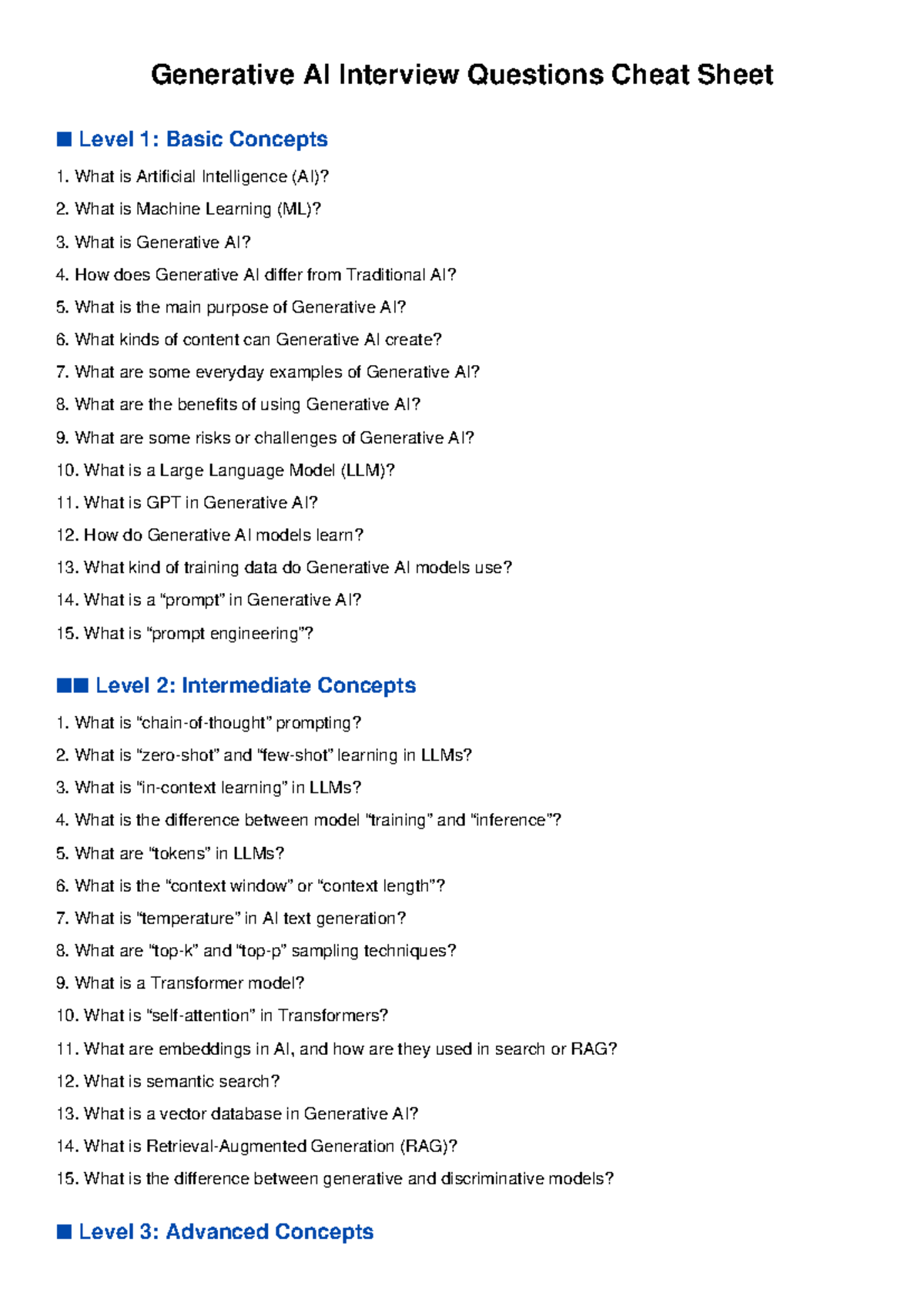 Generative AI Interview Questions Cheat Sheet: Levels 1-3 - Studocu
