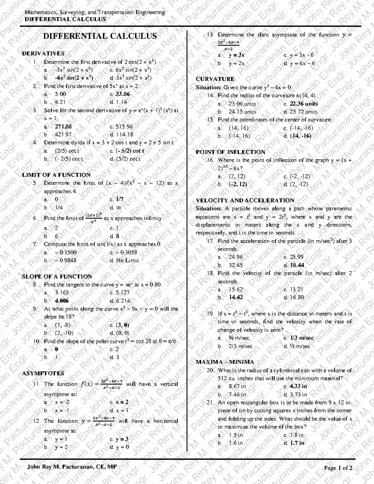 Differential Calculus Study Guide and Practice Problems - Studocu