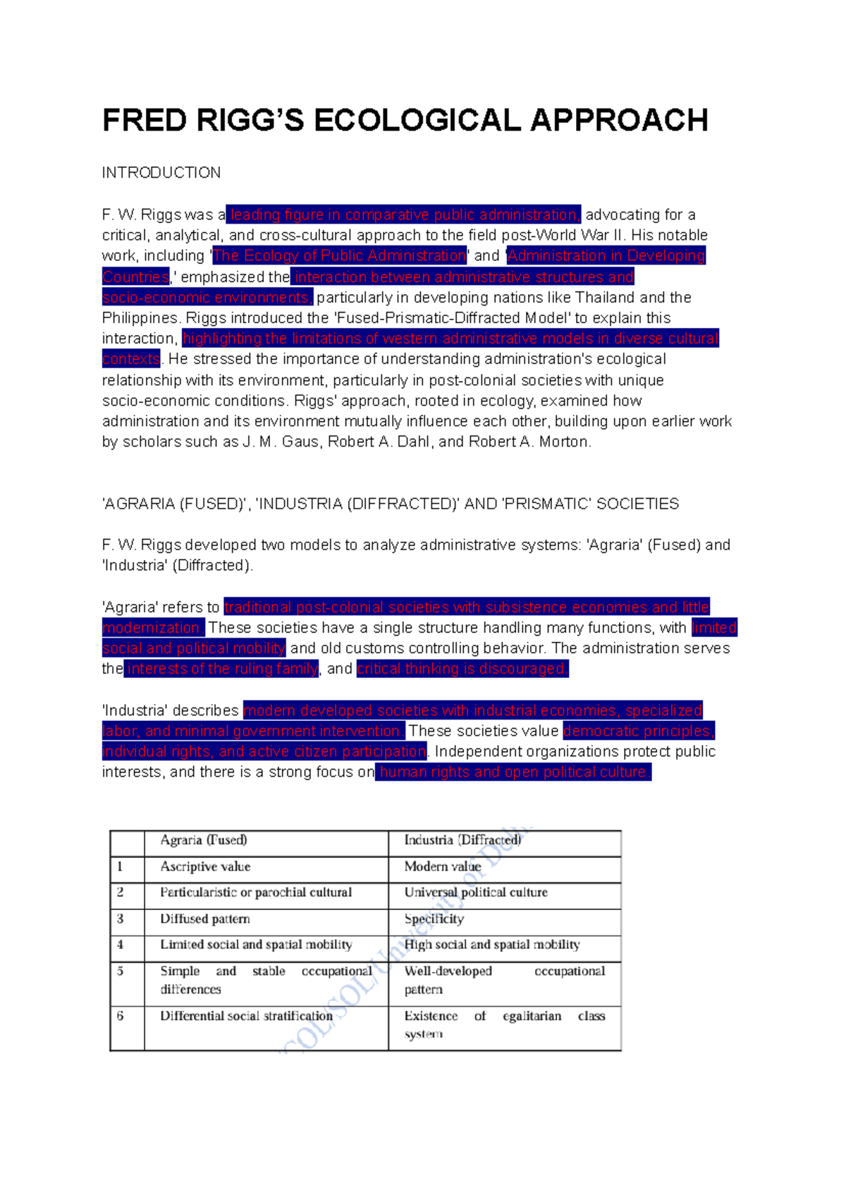 FRED RIGGS' ECOLOGICAL APPROACH TO ADMINISTRATION: ANALYSIS & MODELS ...