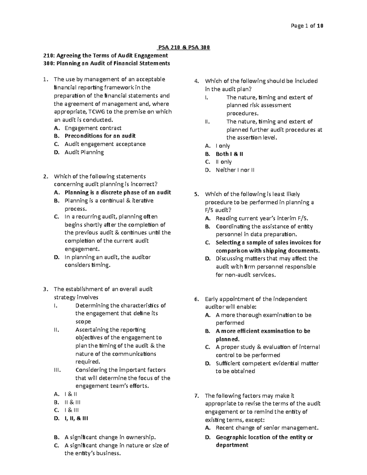 Practice questions psa 210 amp 300 - PSA 210 & PSA 300 210: Agreeing ...