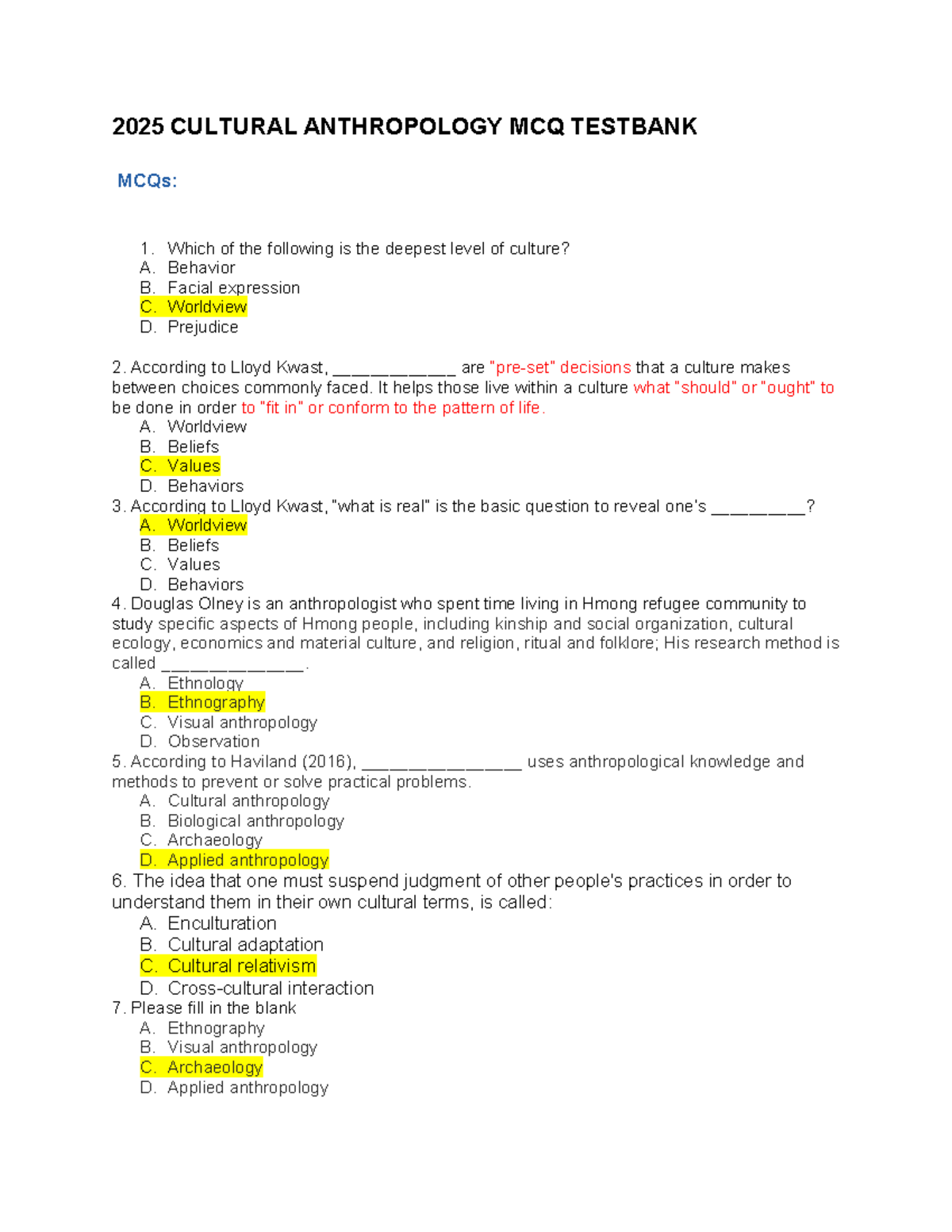2025 CULTURAL ANTHROPOLOGY MCQ TESTBANK: Comprehensive Questions ...