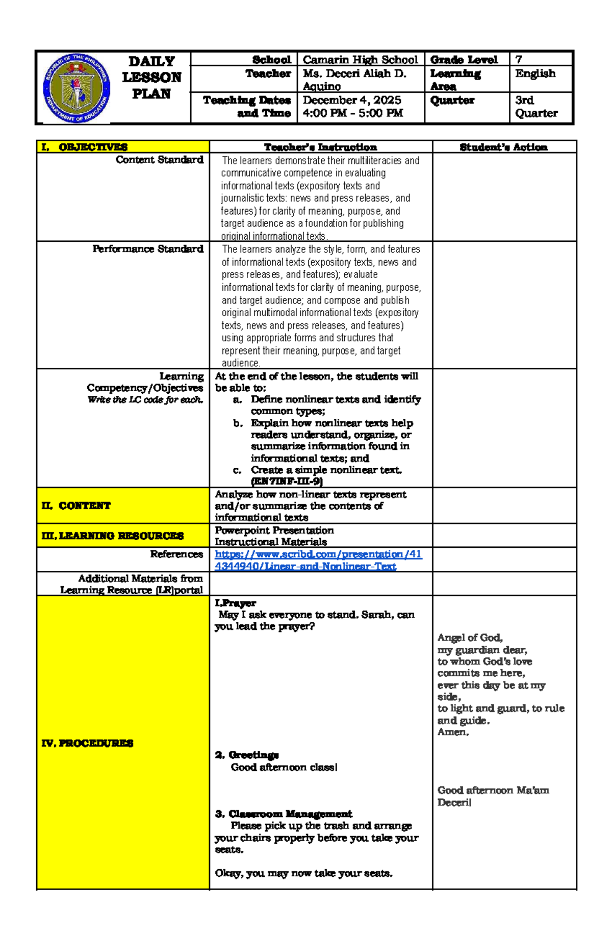 DLP - BSED ENGLISH: Daily Lesson Plan for December 4, 2025 - Studocu