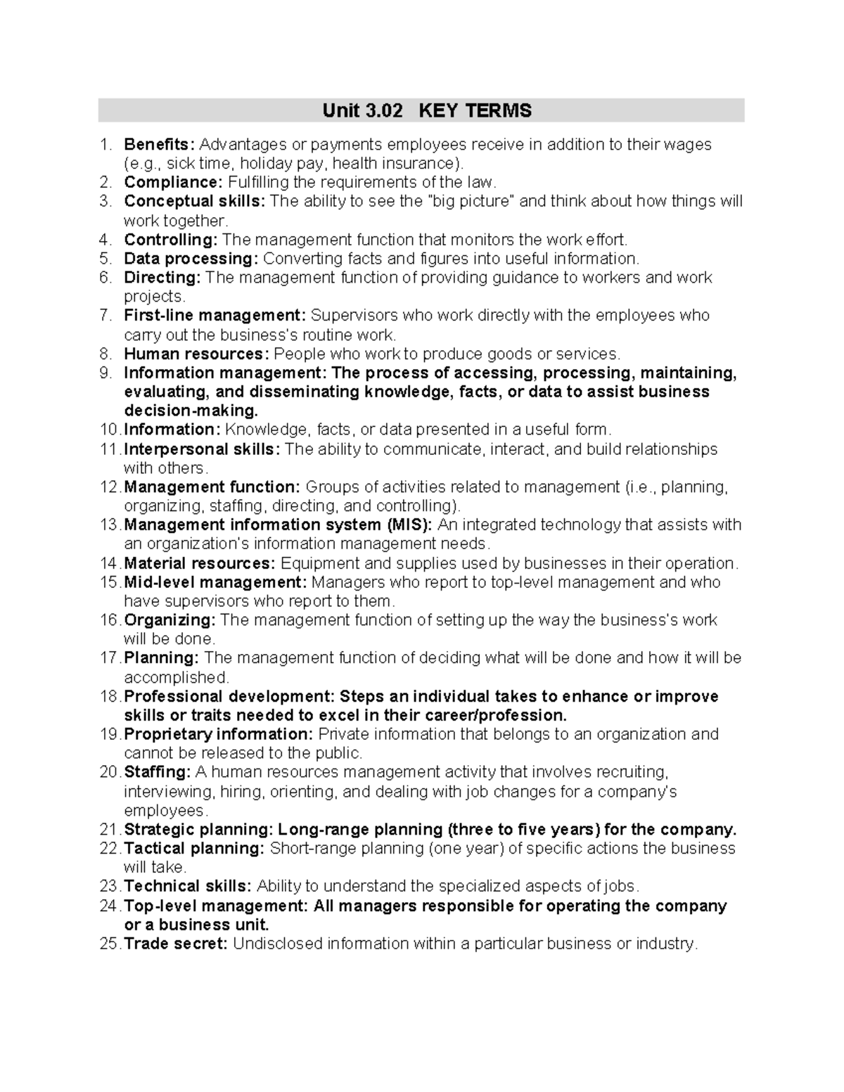 Unit 3.02 Key Terms for Management Concepts - Notes - Studocu