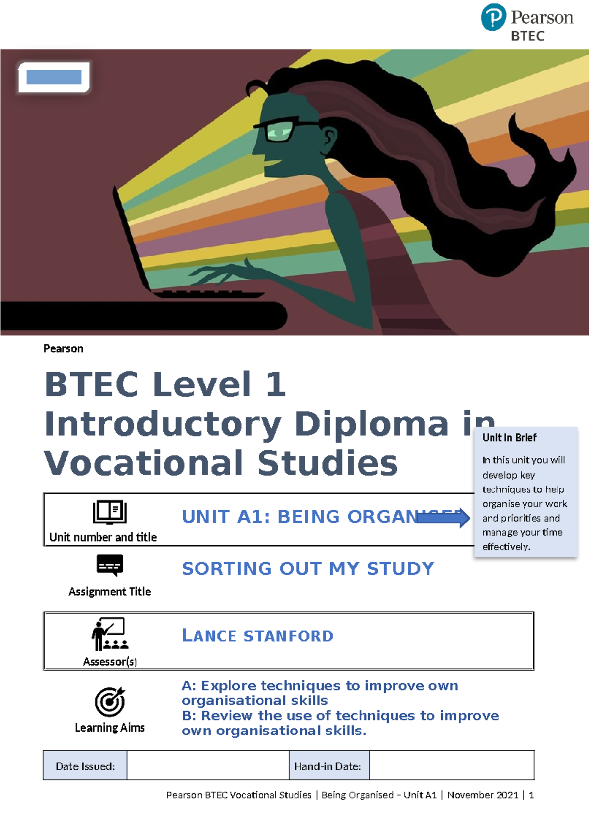BTEC Level 1 Vocational Studies Unit A1: Organisational Skills Guide ...