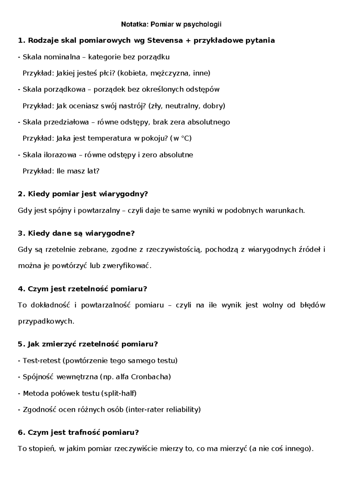 Pomiar psychologiczny: Rodzaje skal pomiarowych wg Stevensa - Studocu