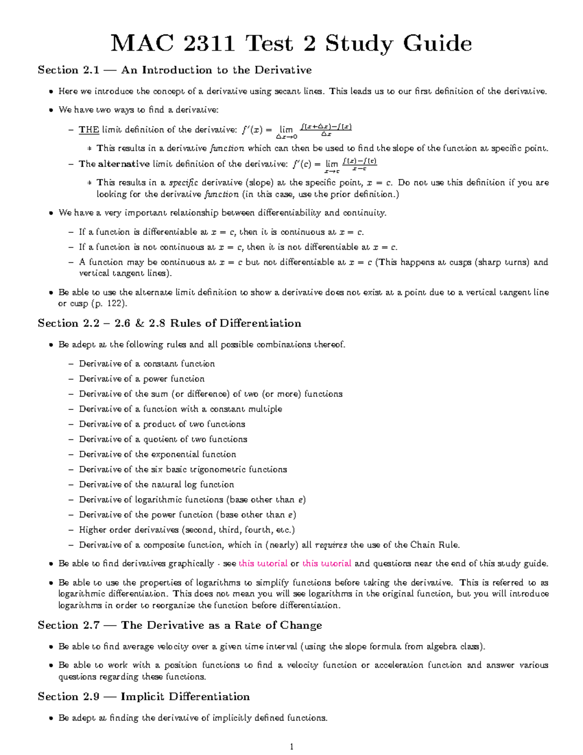 MAC 2311 Test 2 Study Guide: Key Concepts in Differentiation - Studocu