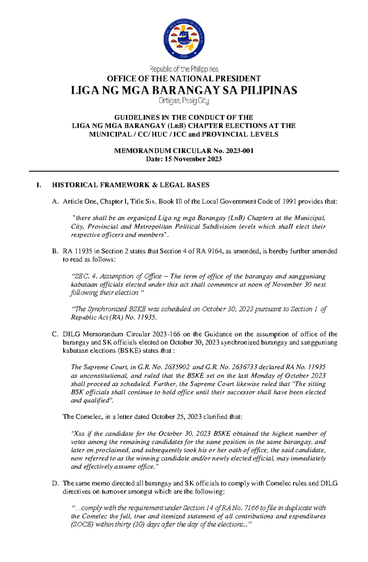 LIGA Ng Mga Barangay Election Guidelines - Memorandum Circular 2023-001 ...