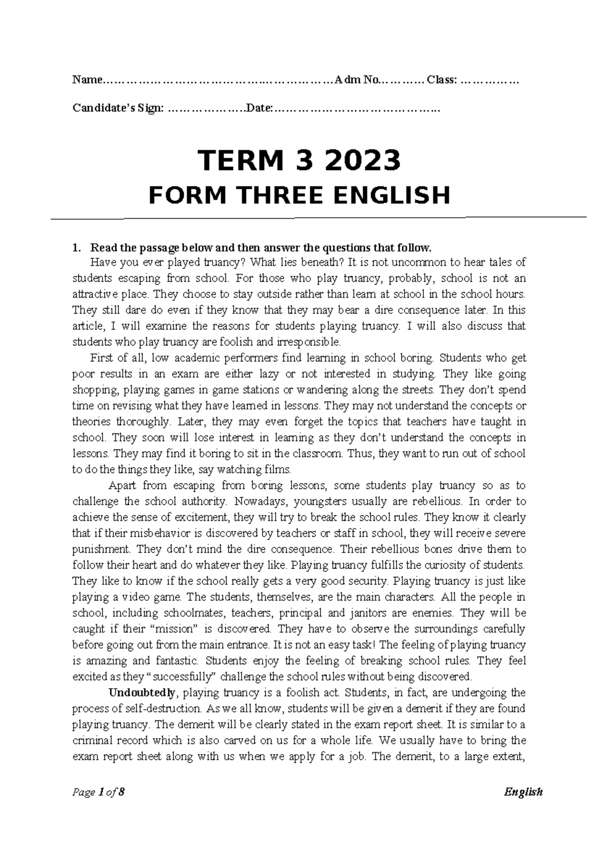 ENG-F3-PP2: Exploring Truancy in Form Three English - Studocu