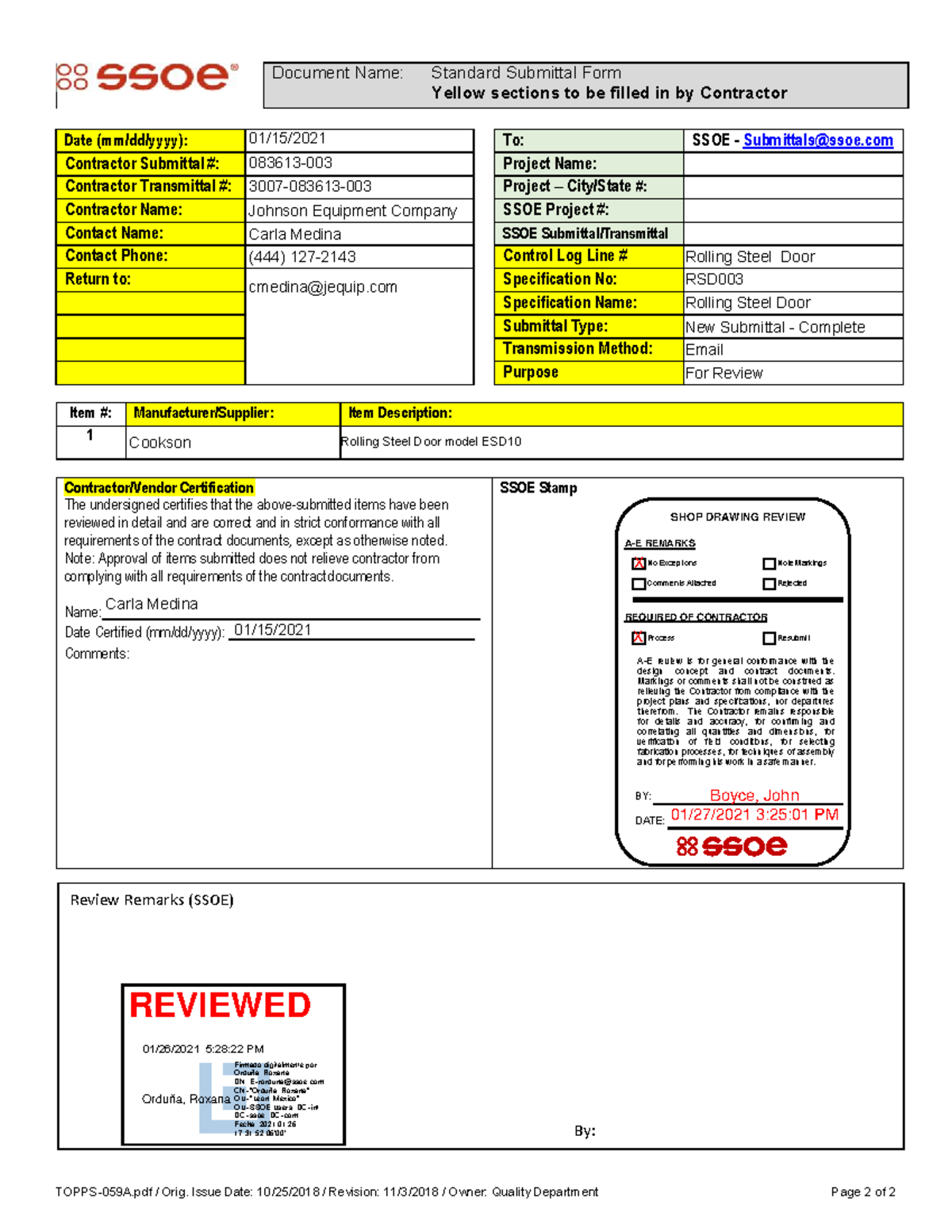 SSOE 3007 Rolling Steel Door Submittal Form and Review - Studocu