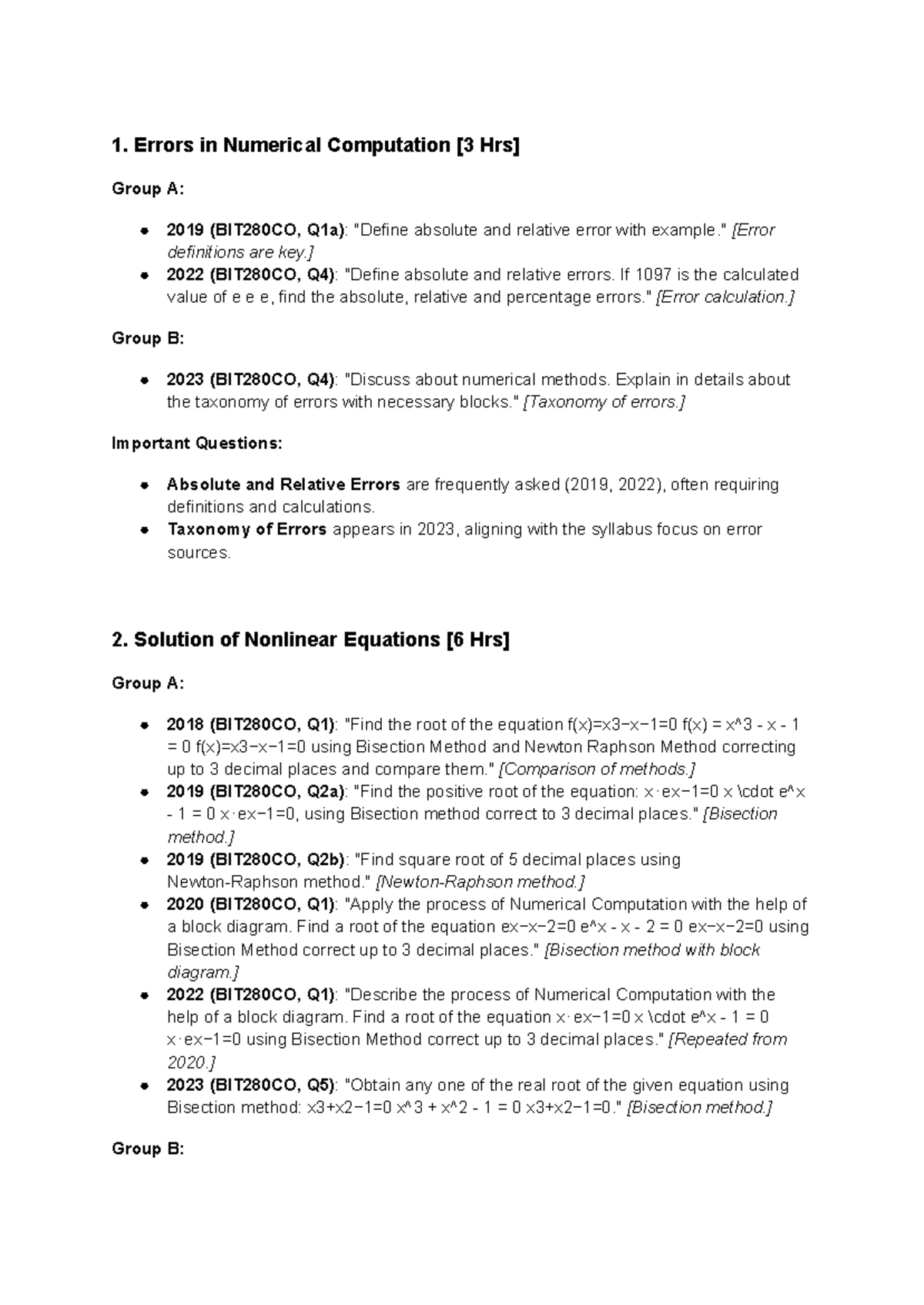 Numerical Methods Overview and Key Topics (BIT280CO) - Studocu