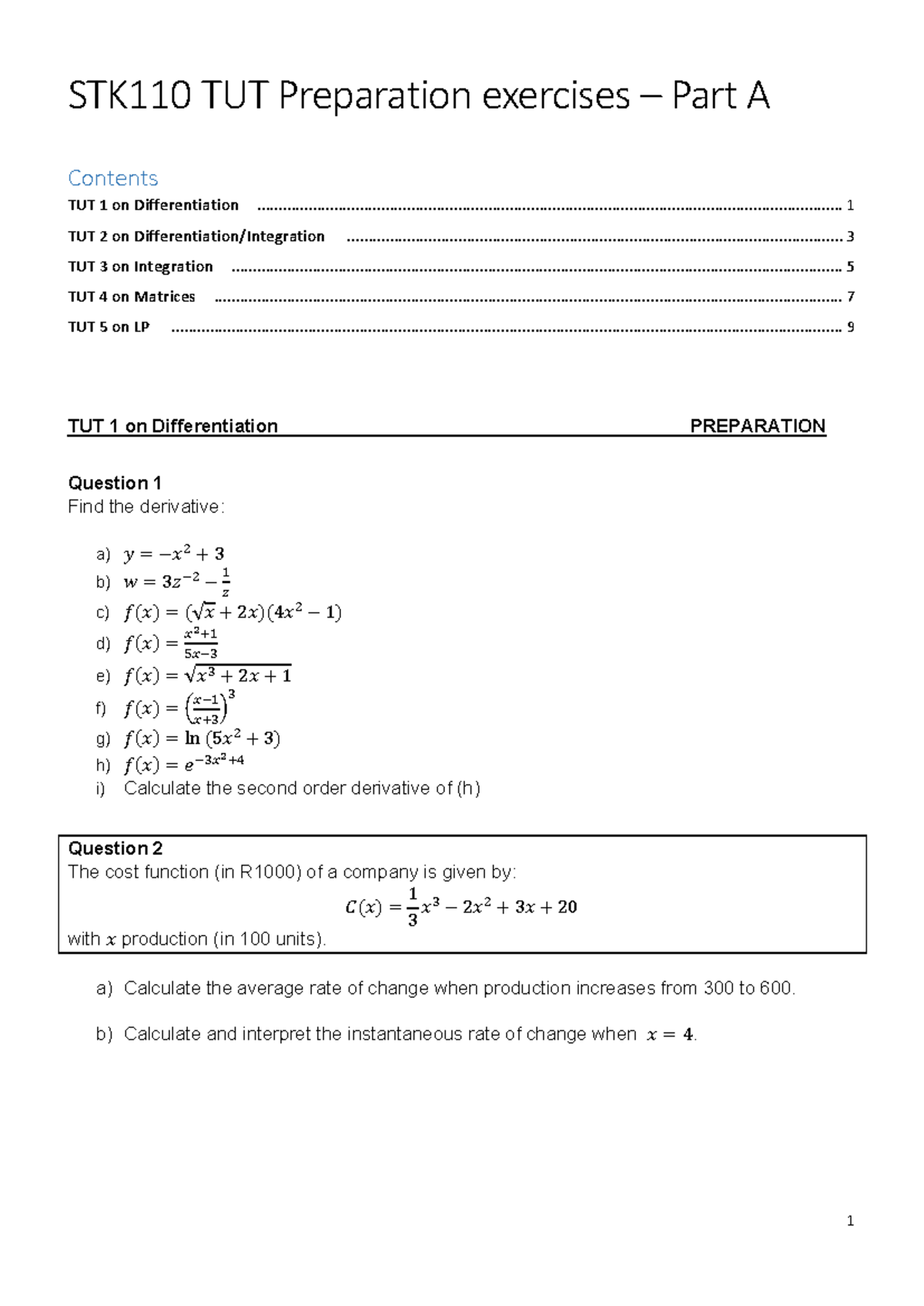 STK110 TUT Preparation Exercises 2026 - Part A: Differentiation ...