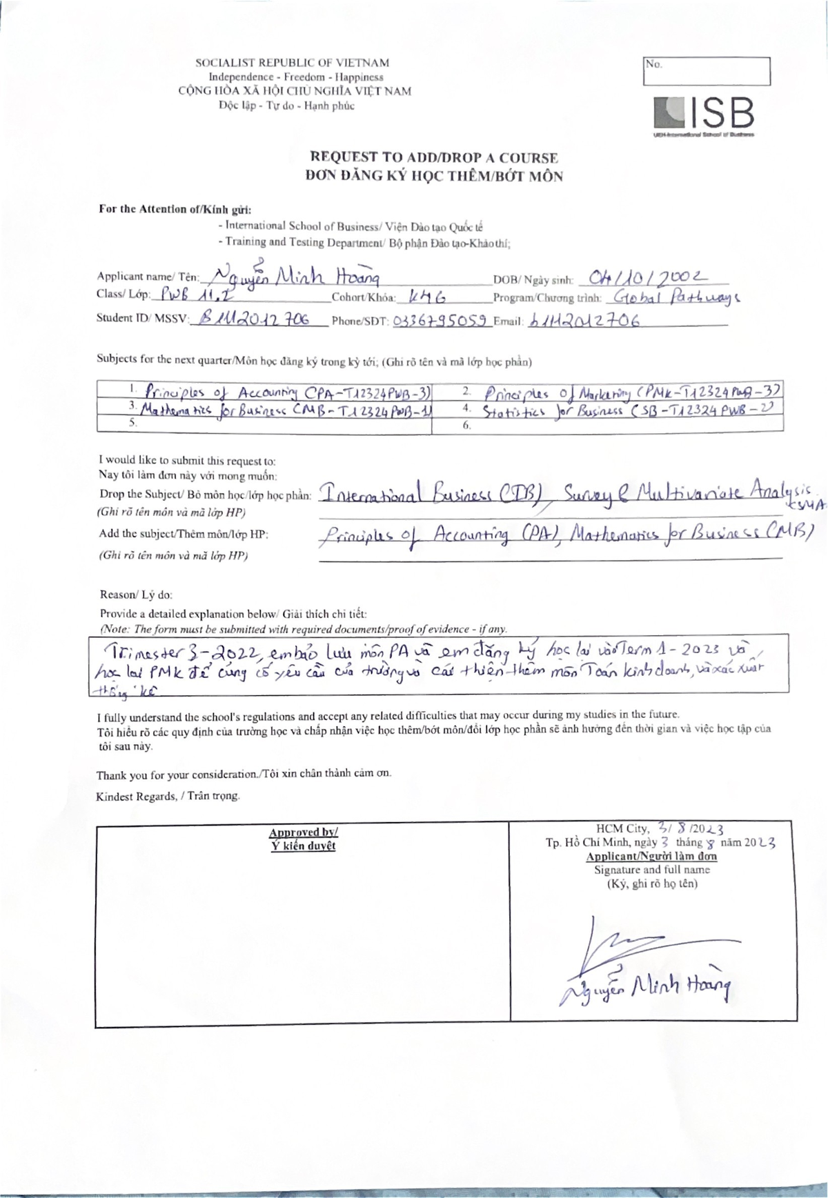 Add-drop subject form-Nguyen Minh Hoang - B1112012 706 - Principle of ...