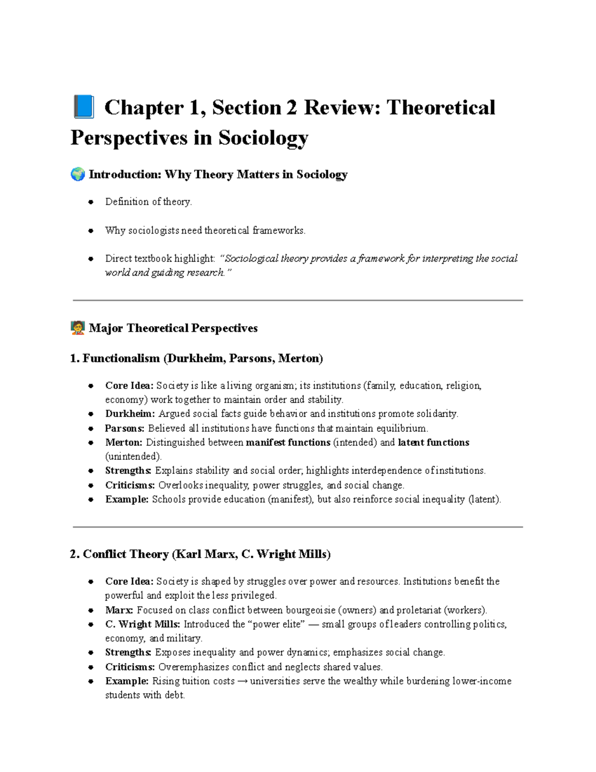 Chapter 1, Section 2 Review: Key Theoretical Perspectives in Sociology - Studocu