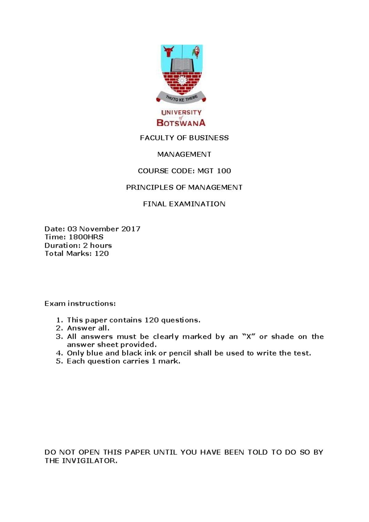 MGT100 Final Exam Paper with 120 Questions - 2017 to 2018 - Studocu