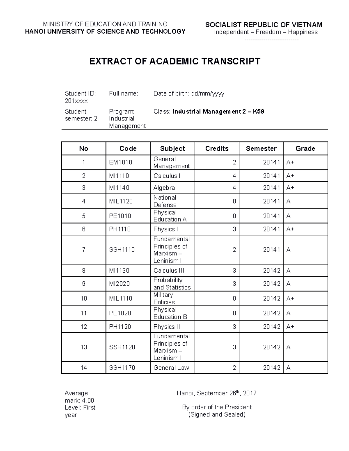 Industrial Management Academic Transcript - 2017 (First Year) - Studocu