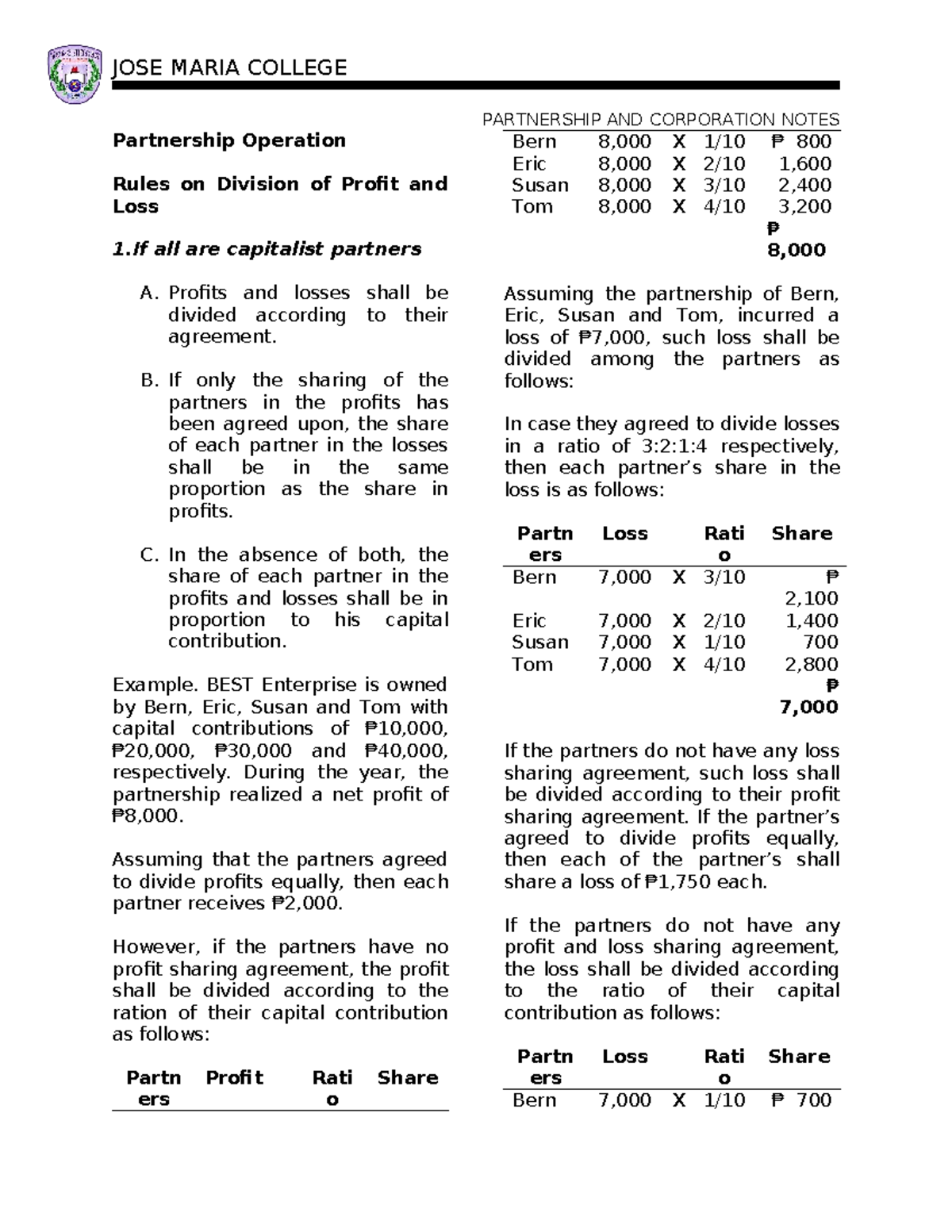 JOSE MARIA COLLEGE PARTNERSHIP AND CORPORATION NOTES: Chapter 03 ...