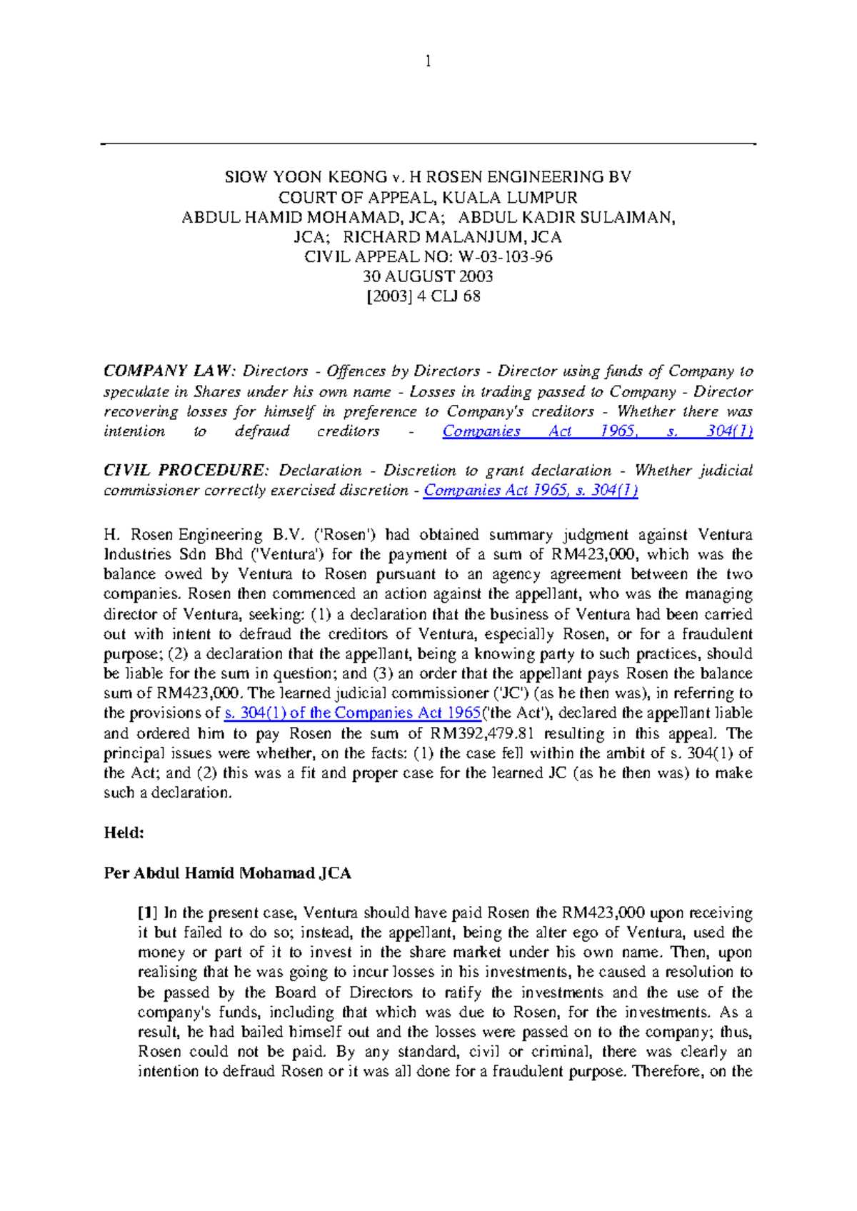 SIOW YOON KEONG v. H ROSEN ENG. BV: Appeal Judgment Analysis - Studocu