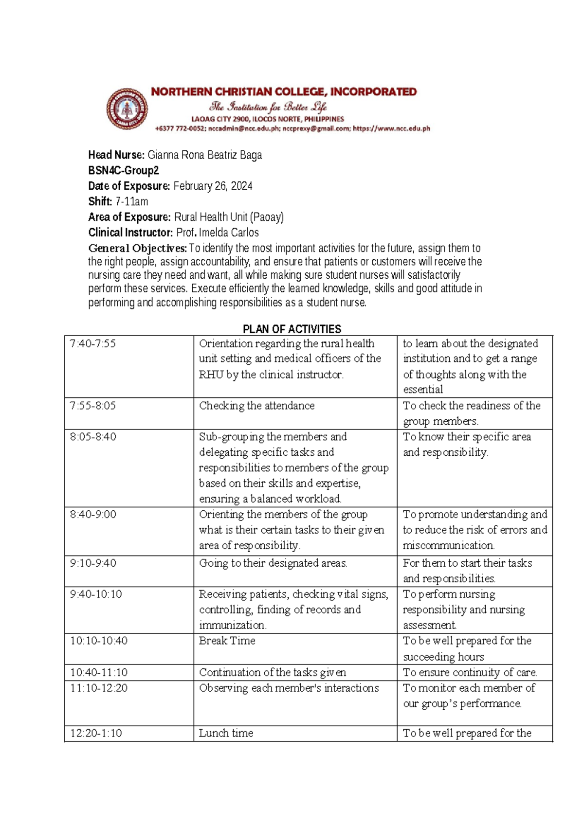 BSN4C Clinical Exposure Plan: Rural Health Unit Activities - Studocu
